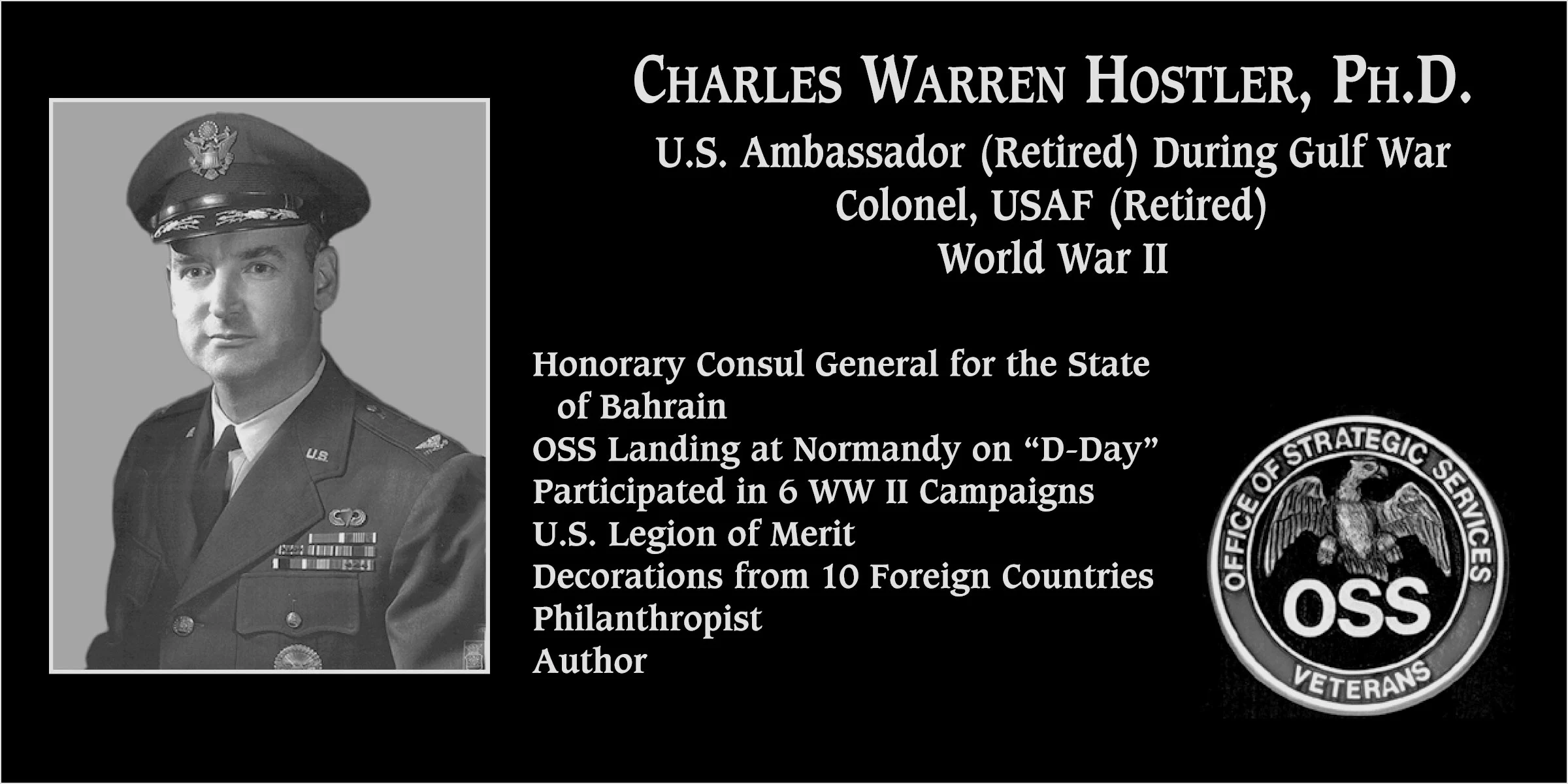 Colonel Charles Warren Hostler | Mt. Soledad Virtual Plaque