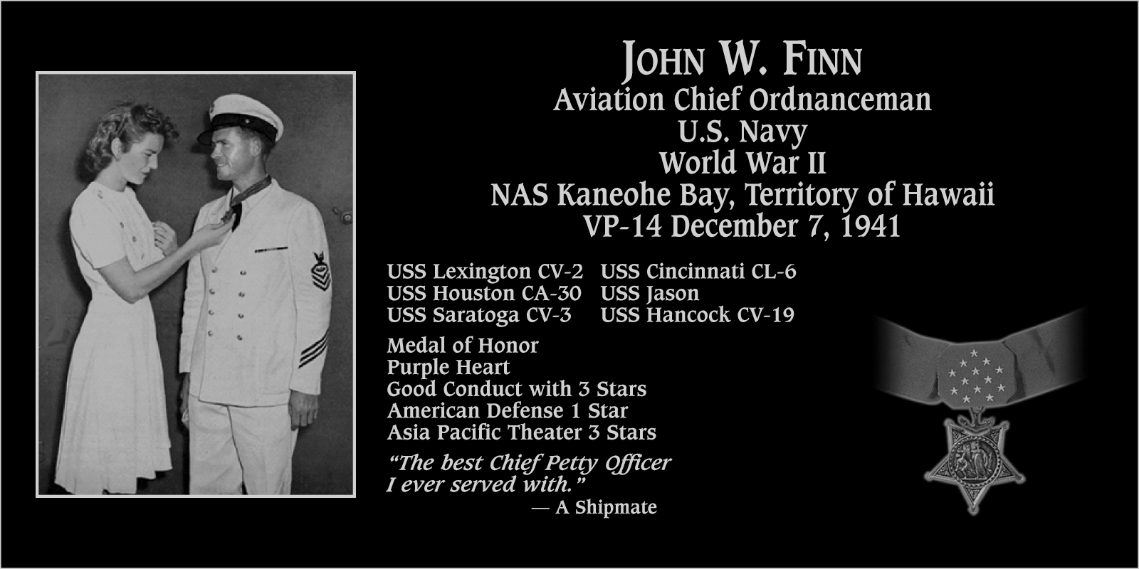 Chief Petty Officer John W Finn | Mt. Soledad Virtual Plaque