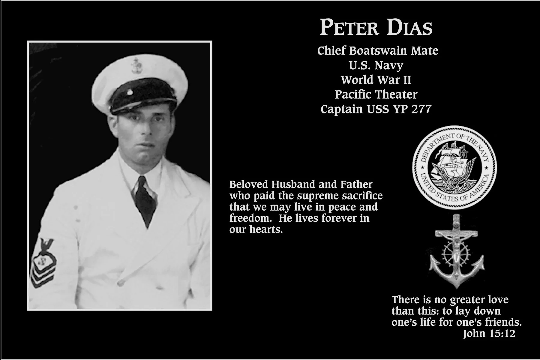 Chief Petty Officer Peter Dias | Mt. Soledad Virtual Plaque