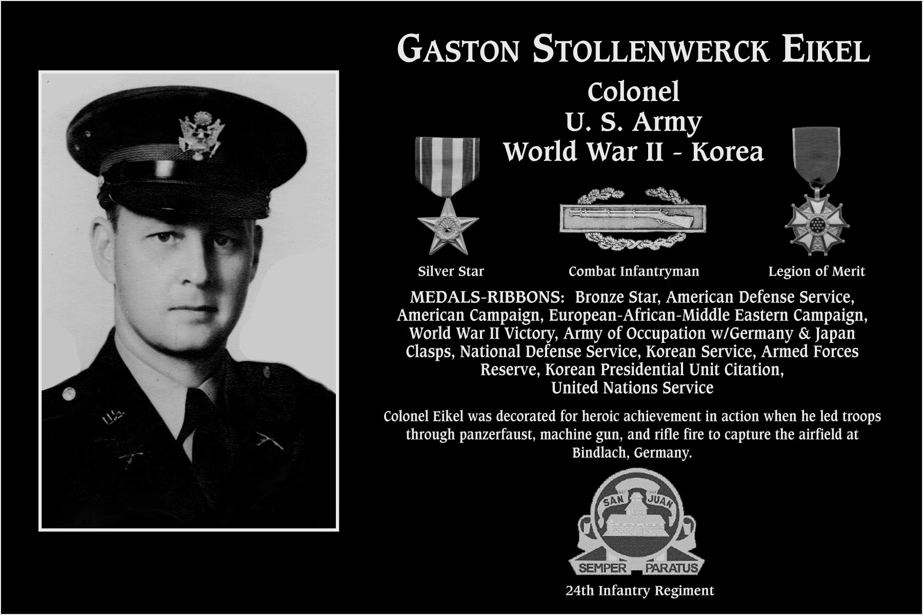 Colonel Gaston Stollenwerck Eikel | Mt. Soledad Virtual Plaque