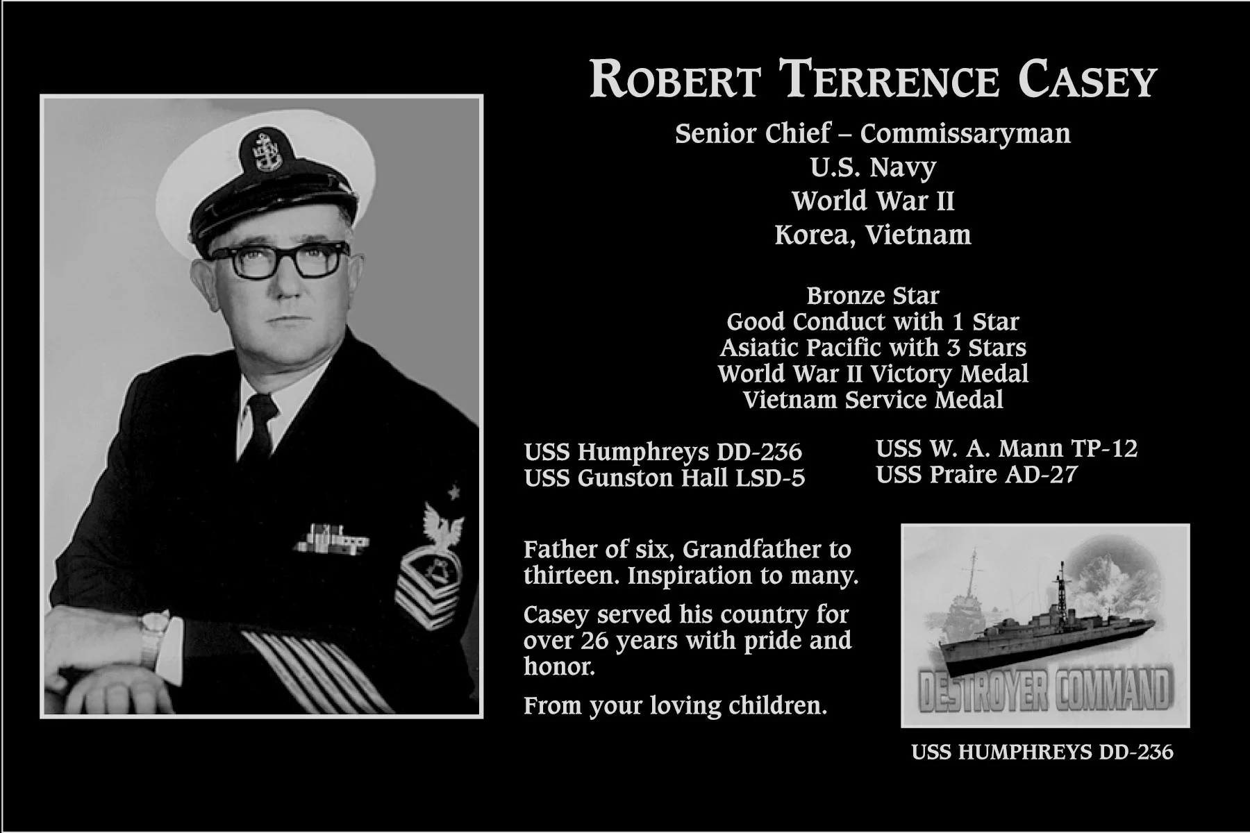 Senior Chief Petty Officer Robert Terrence Casey | Mt. Soledad Virtual Plaque