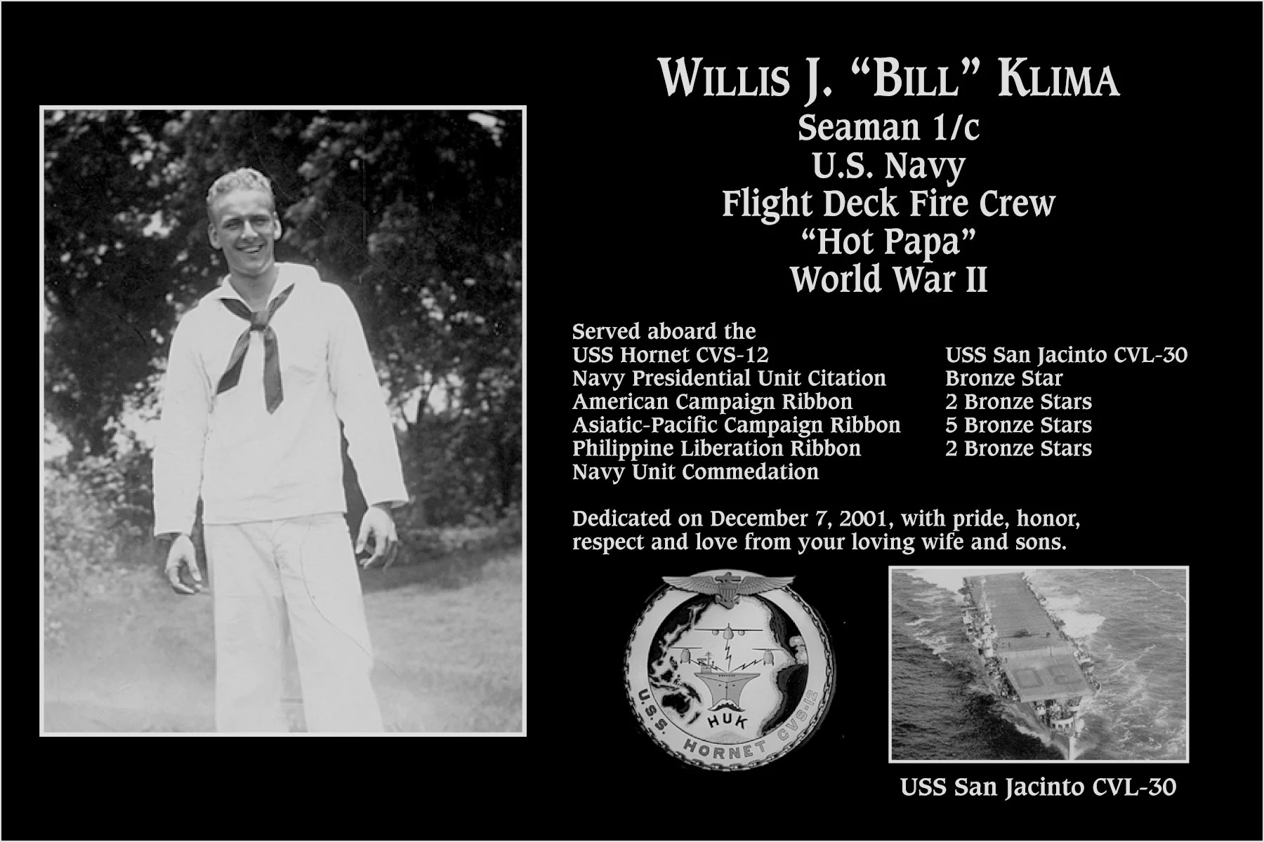Seaman/Airman/Fireman Willis J Klima | Mt. Soledad Virtual Plaque