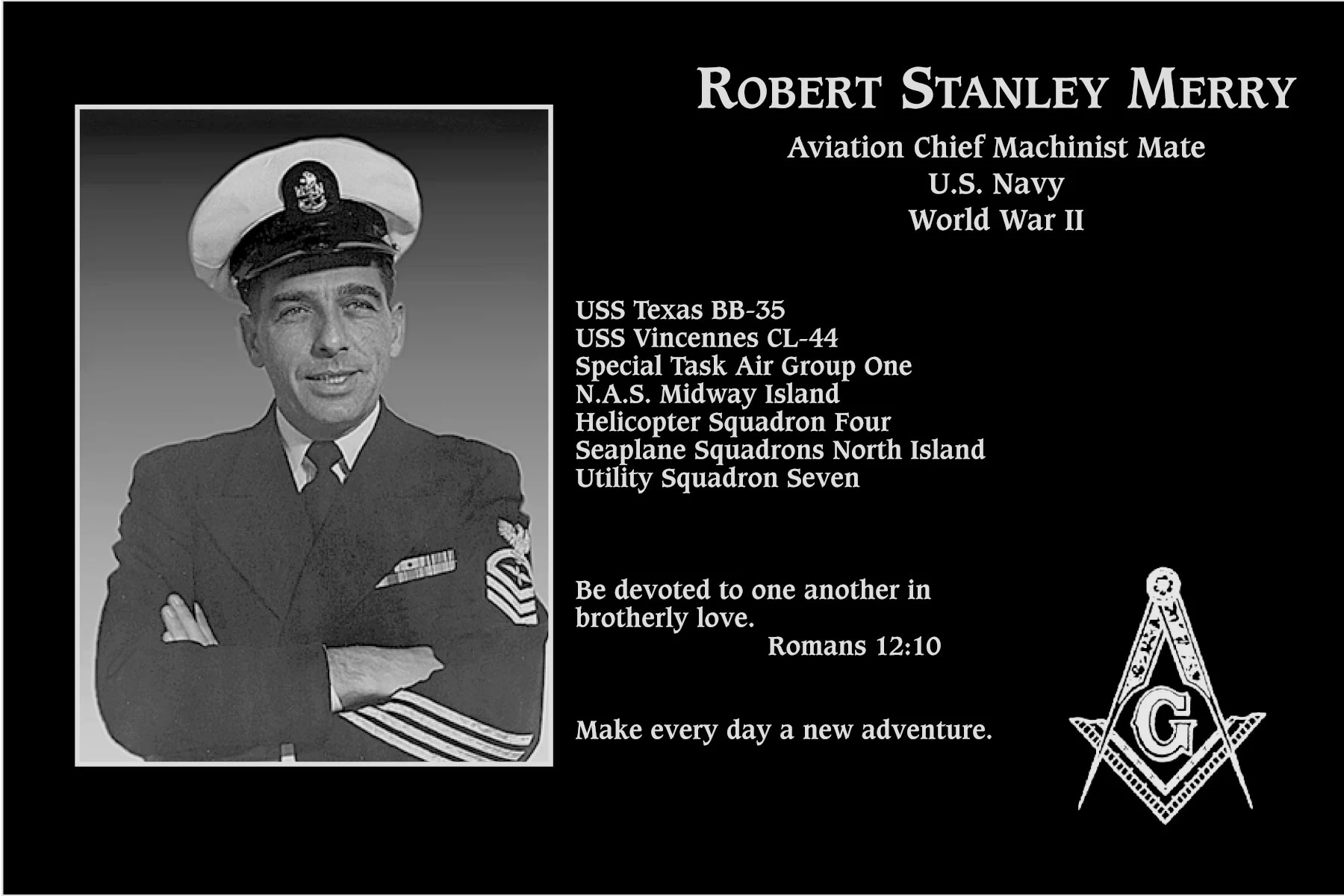 Chief Petty Officer Robert Stanley Merry | Mt. Soledad Virtual Plaque