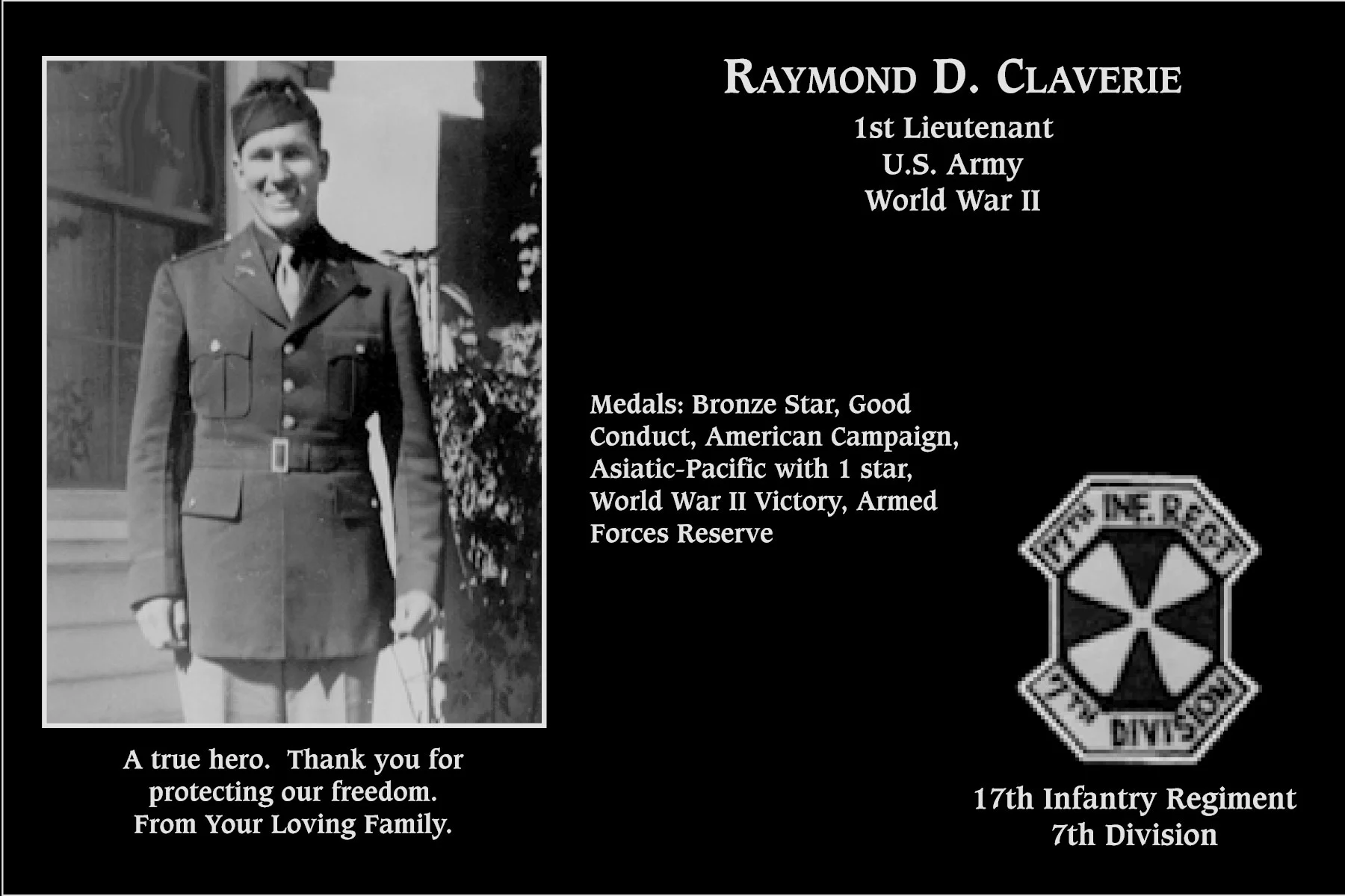 First Lieutenant Raymond D Claverie | Mt. Soledad Virtual Plaque