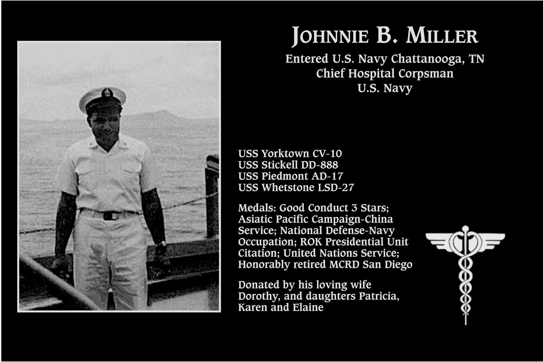 Chief Petty Officer Johnnie B Miller | Mt. Soledad Virtual Plaque