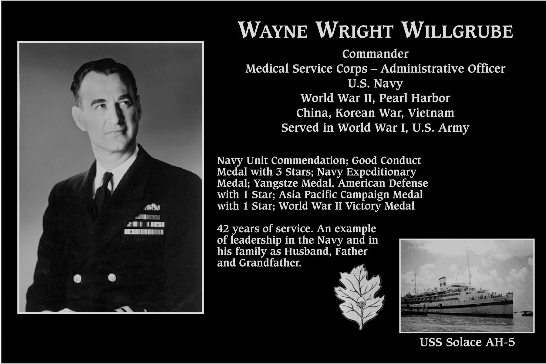 Commander Wayne Wright Willgrube | Mt. Soledad Virtual Plaque