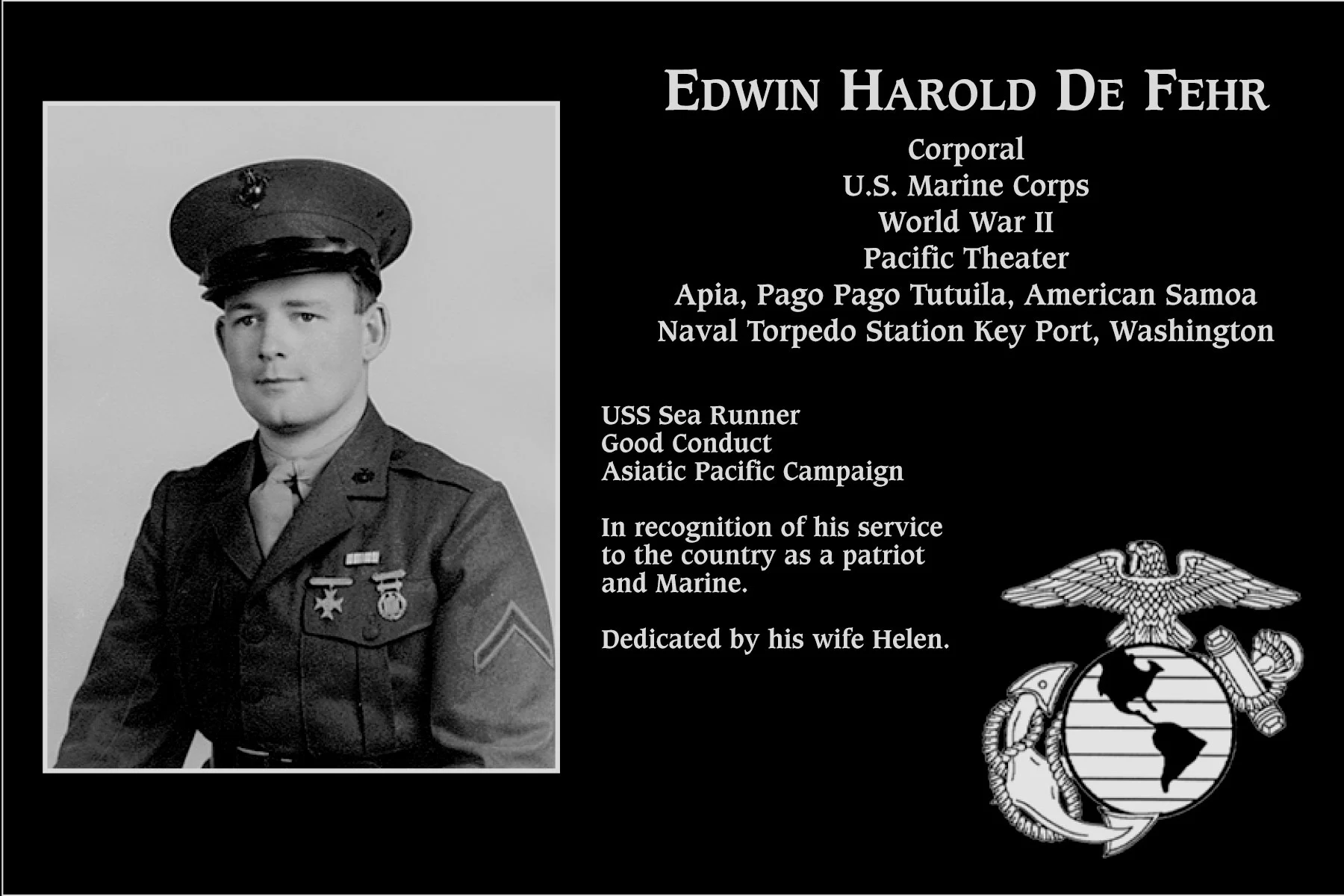 Corporal Edwin Harold De Fehr | Mt. Soledad Virtual Plaque