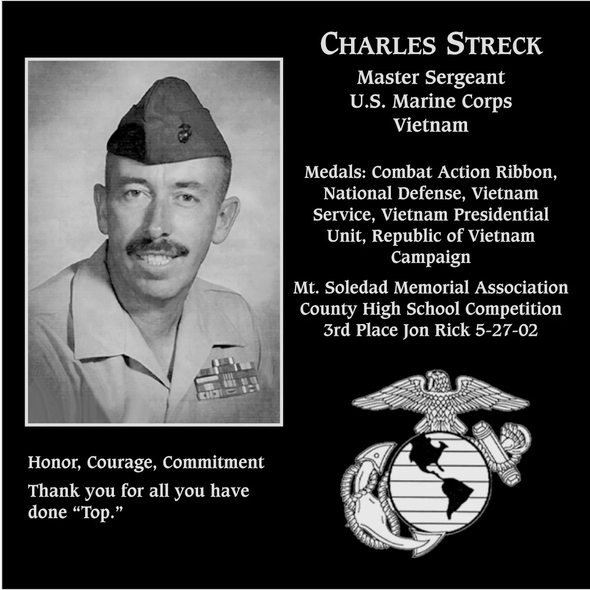 Master Sergeant Charles Streck | Mt. Soledad Virtual Plaque