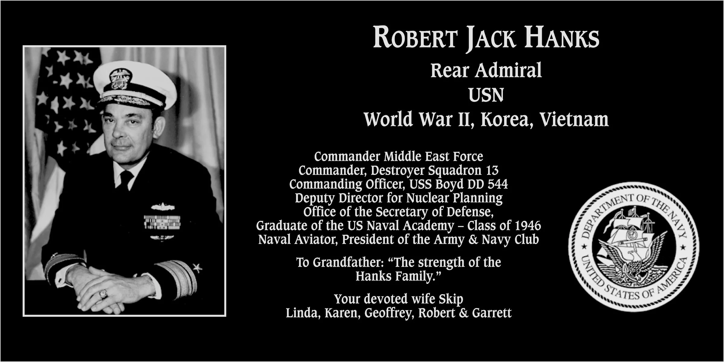 Admiral Robert Jack Hanks | Mt. Soledad Virtual Plaque