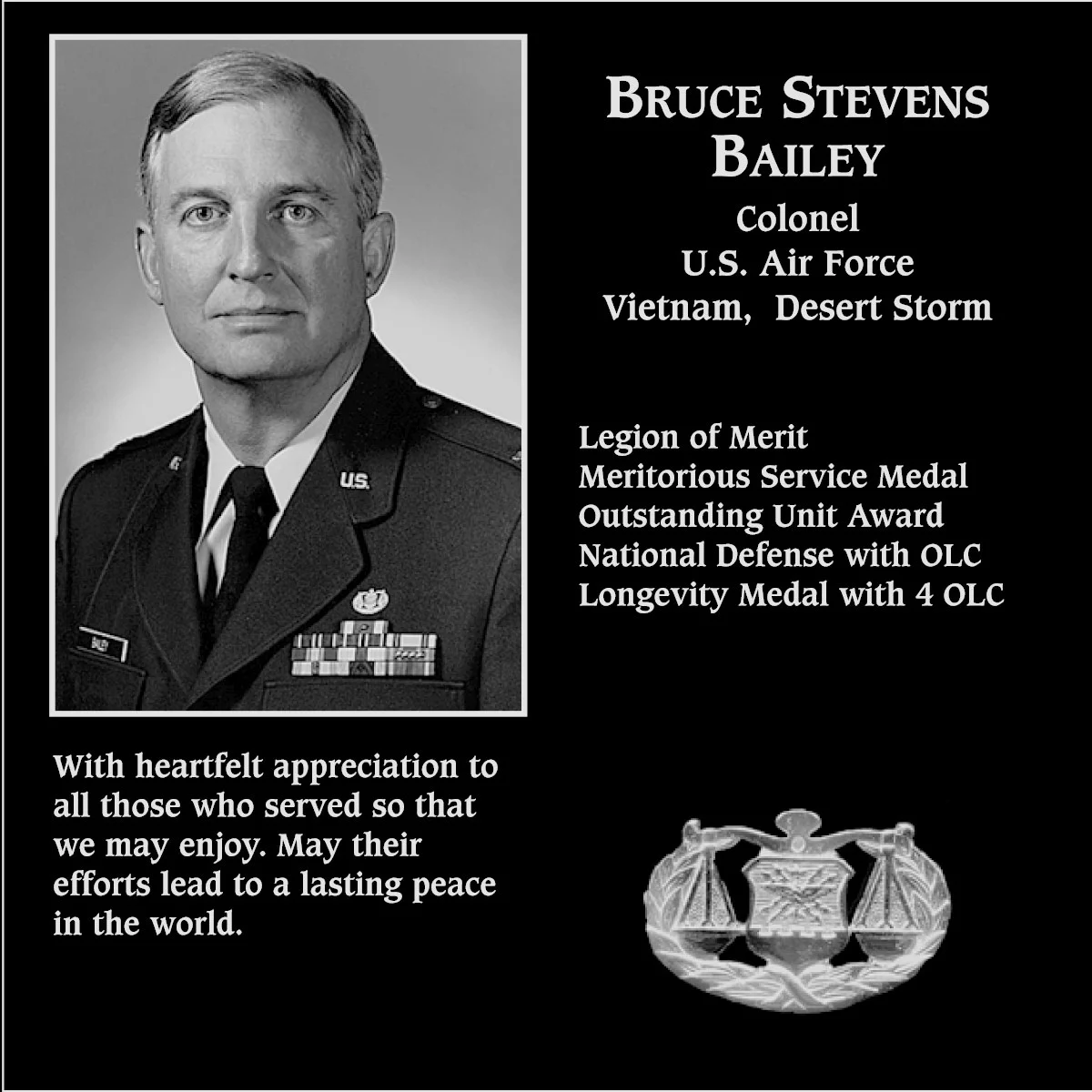 Colonel Bruce Stevens Bailey | Mt. Soledad Virtual Plaque