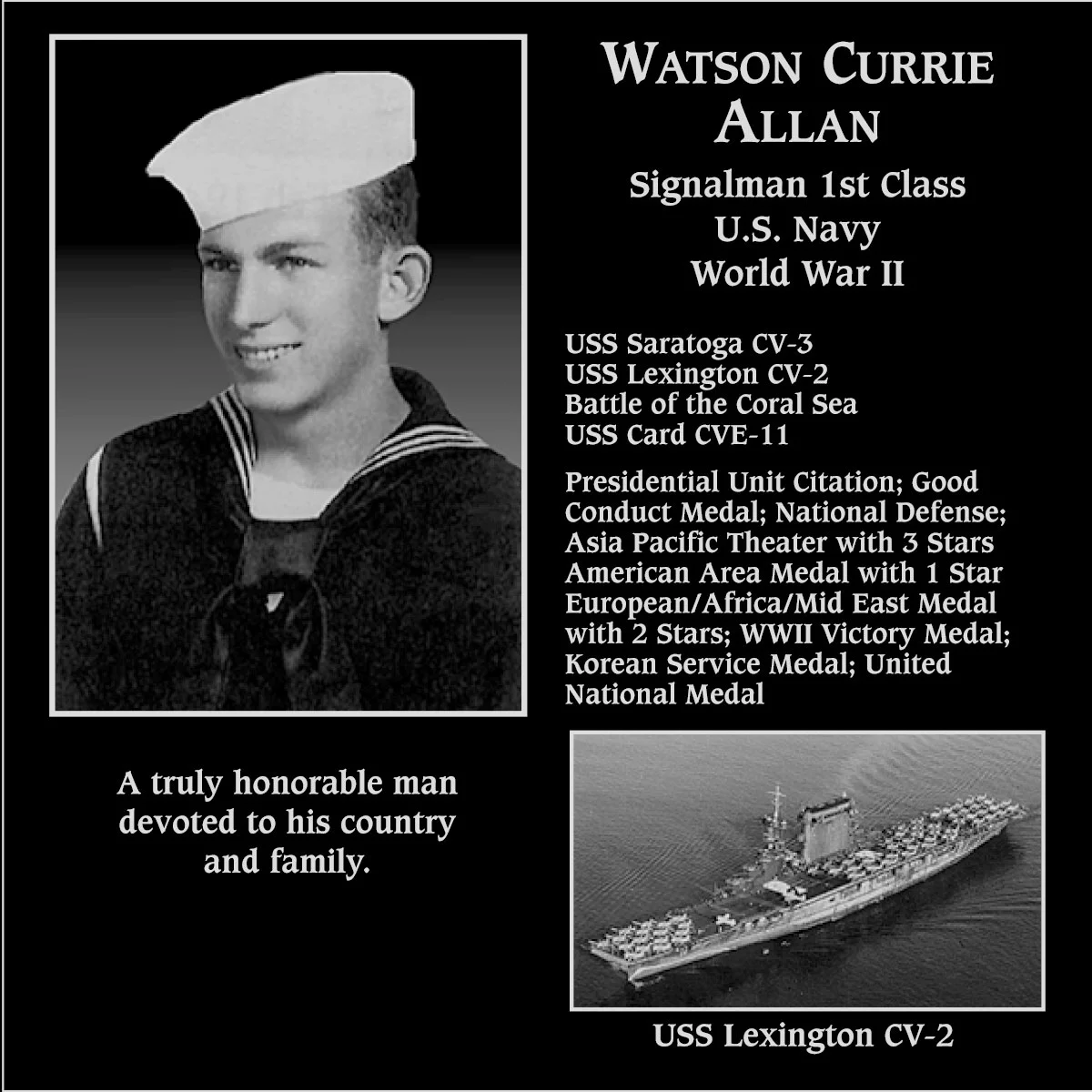 Petty Officer First Class Watson Currie Allan | Mt. Soledad Virtual Plaque