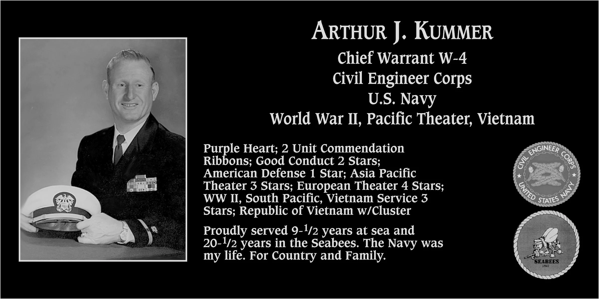 Chief Warrant Officer 4 Arthur J Kummer | Mt. Soledad Virtual Plaque