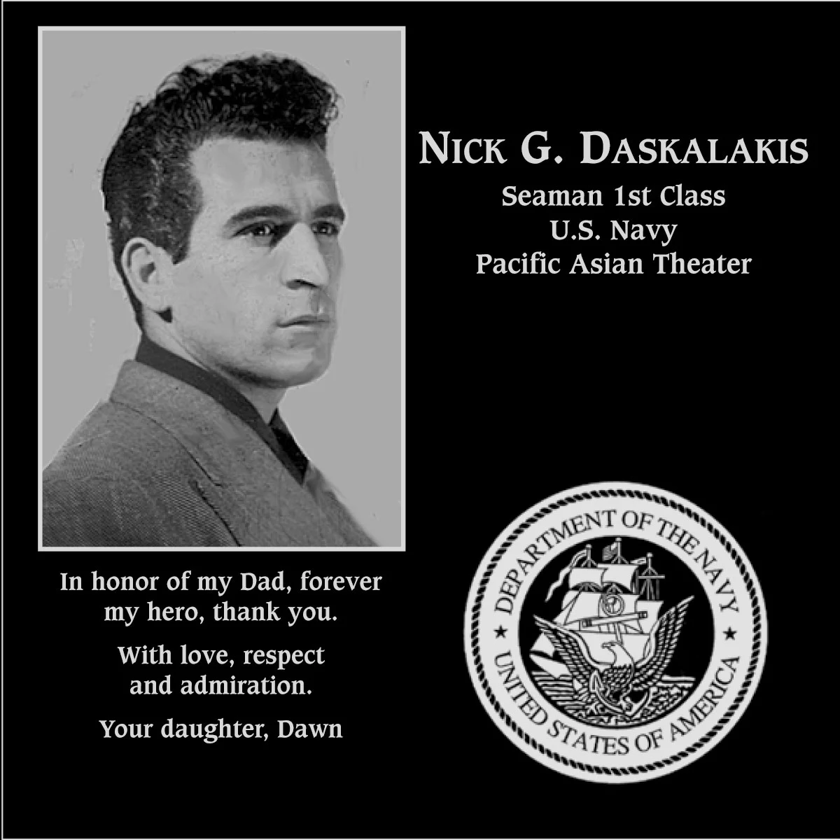 Seaman/Airman/Fireman Recruit Nick G Daskalakis | Mt. Soledad Virtual Plaque
