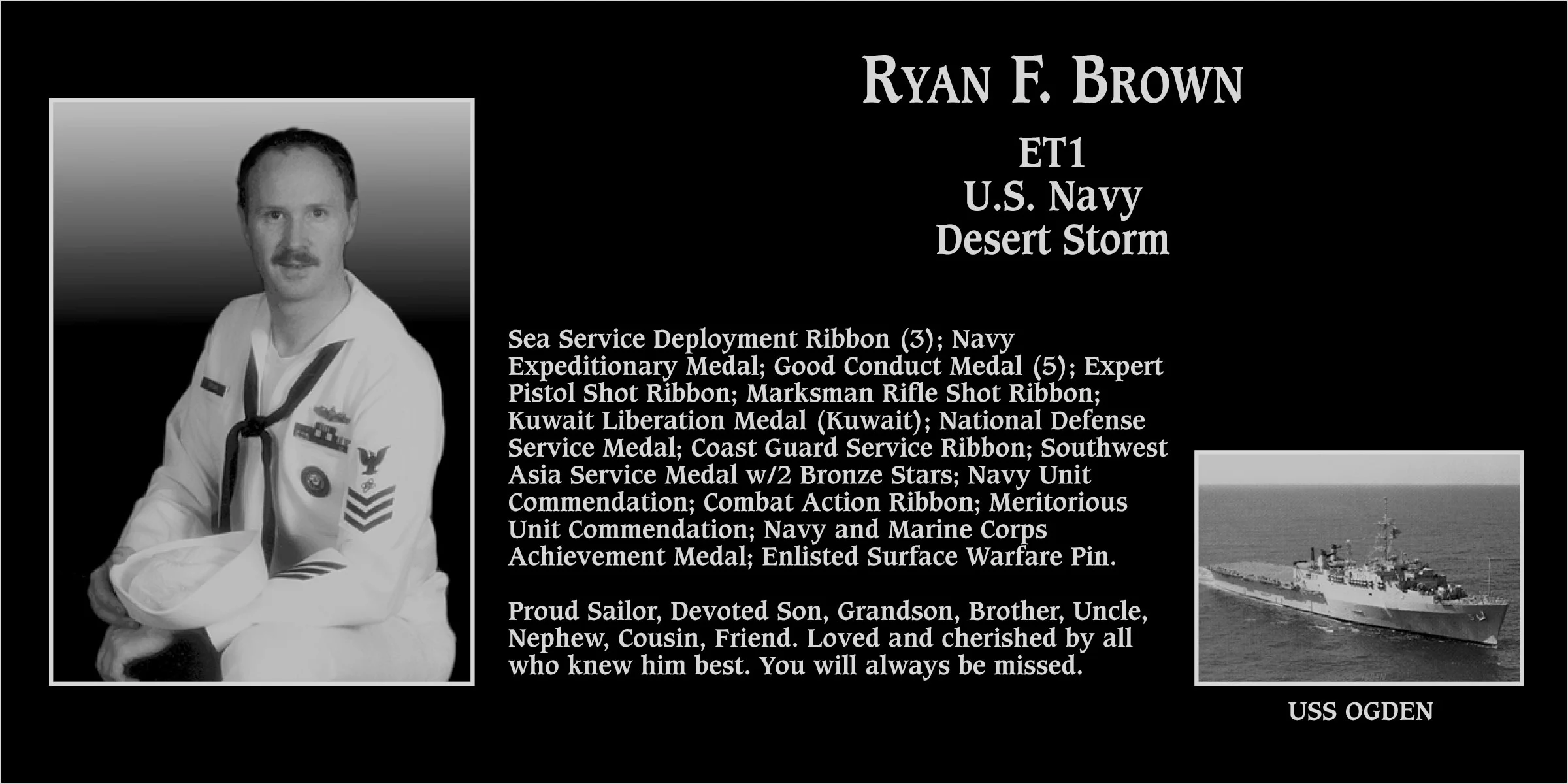 Petty Officer First Class Ryan F Brown | Mt. Soledad Virtual Plaque