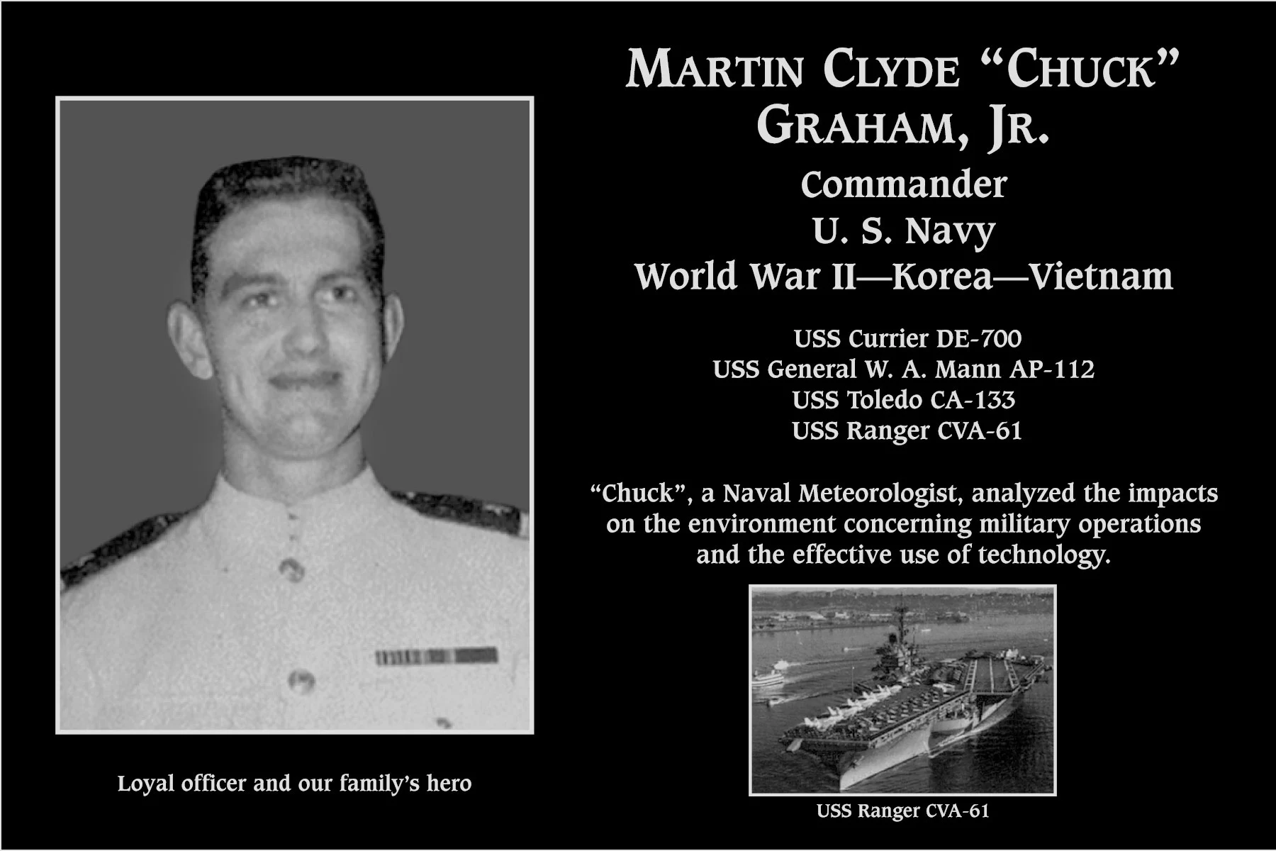 Commander Martin Clyde "Chuck" Graham, Jr. | Mt. Soledad Virtual Plaque