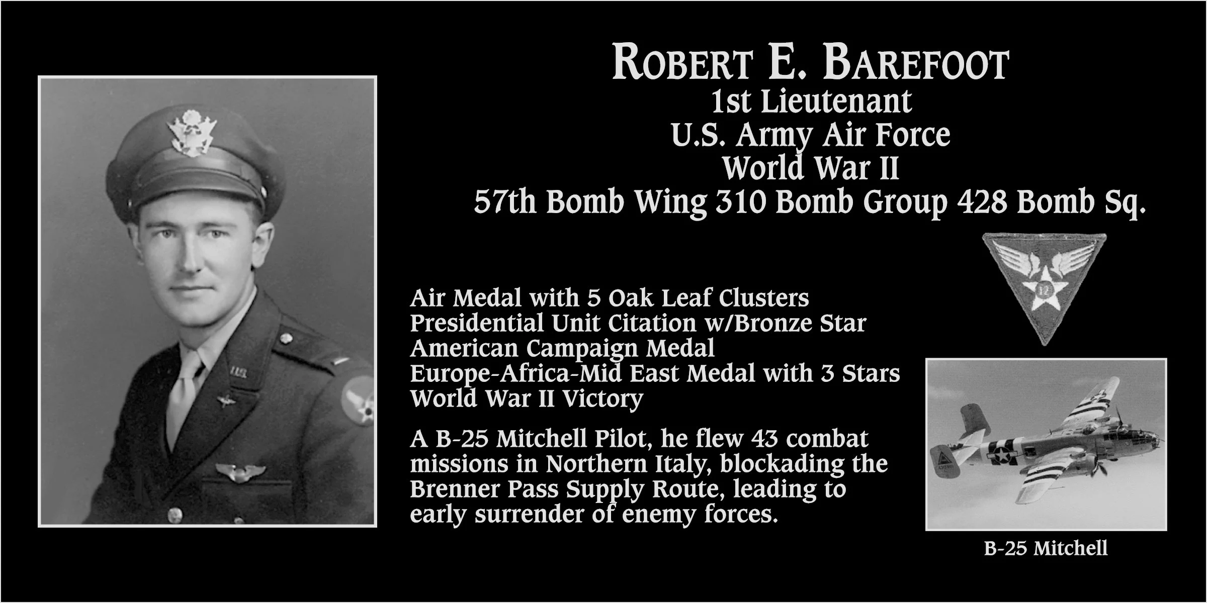 First Lieutenant Robert E Barefoot | Mt. Soledad Virtual Plaque