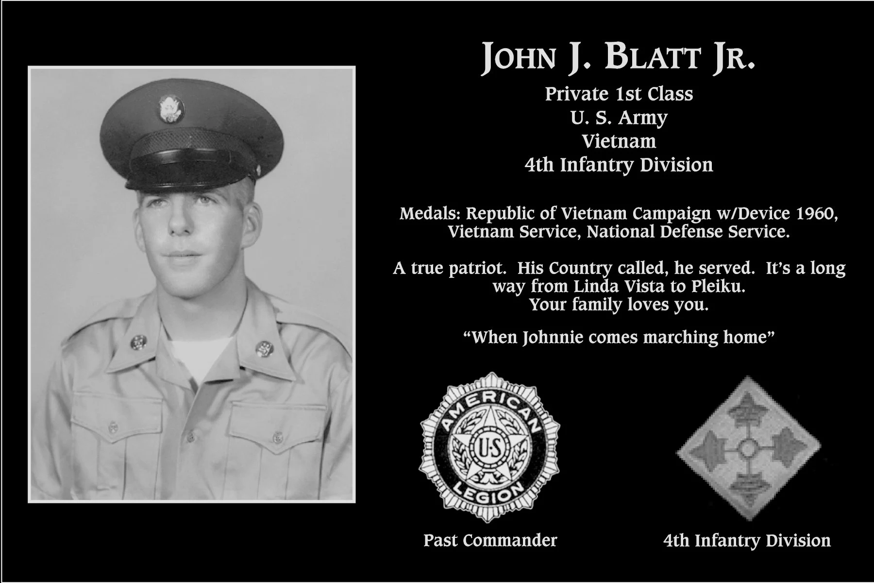 Private First Class John J Blatt Jr. | Mt. Soledad Virtual Plaque