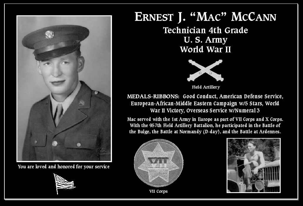 Corporal Ernest J McCann | Mt. Soledad Virtual Plaque