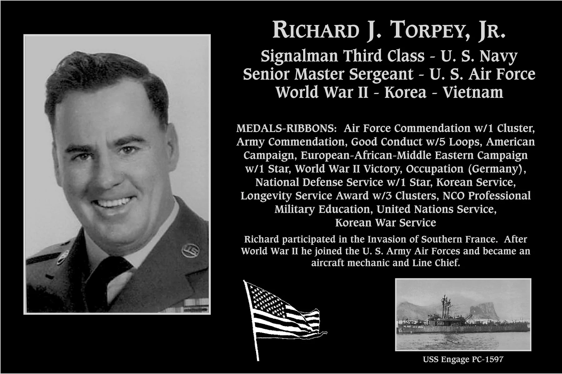 Senior Master Sergeant Richard J Torpey | Mt. Soledad Virtual Plaque