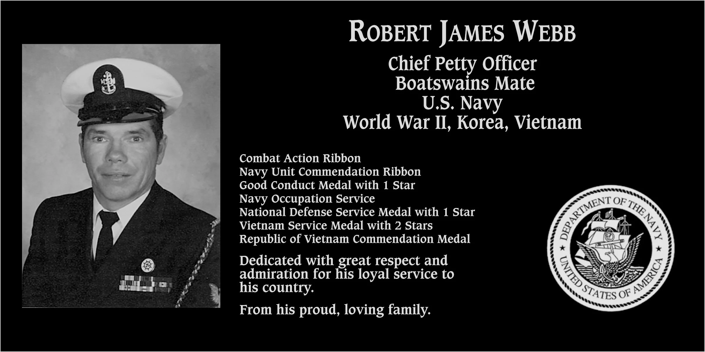 Chief Petty Officer Robert James Webb | Mt. Soledad Virtual Plaque