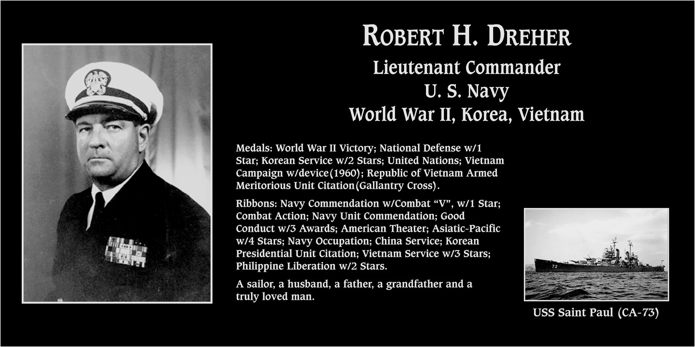 Lieutenant Commander Robert H Dreher | Mt. Soledad Virtual Plaque