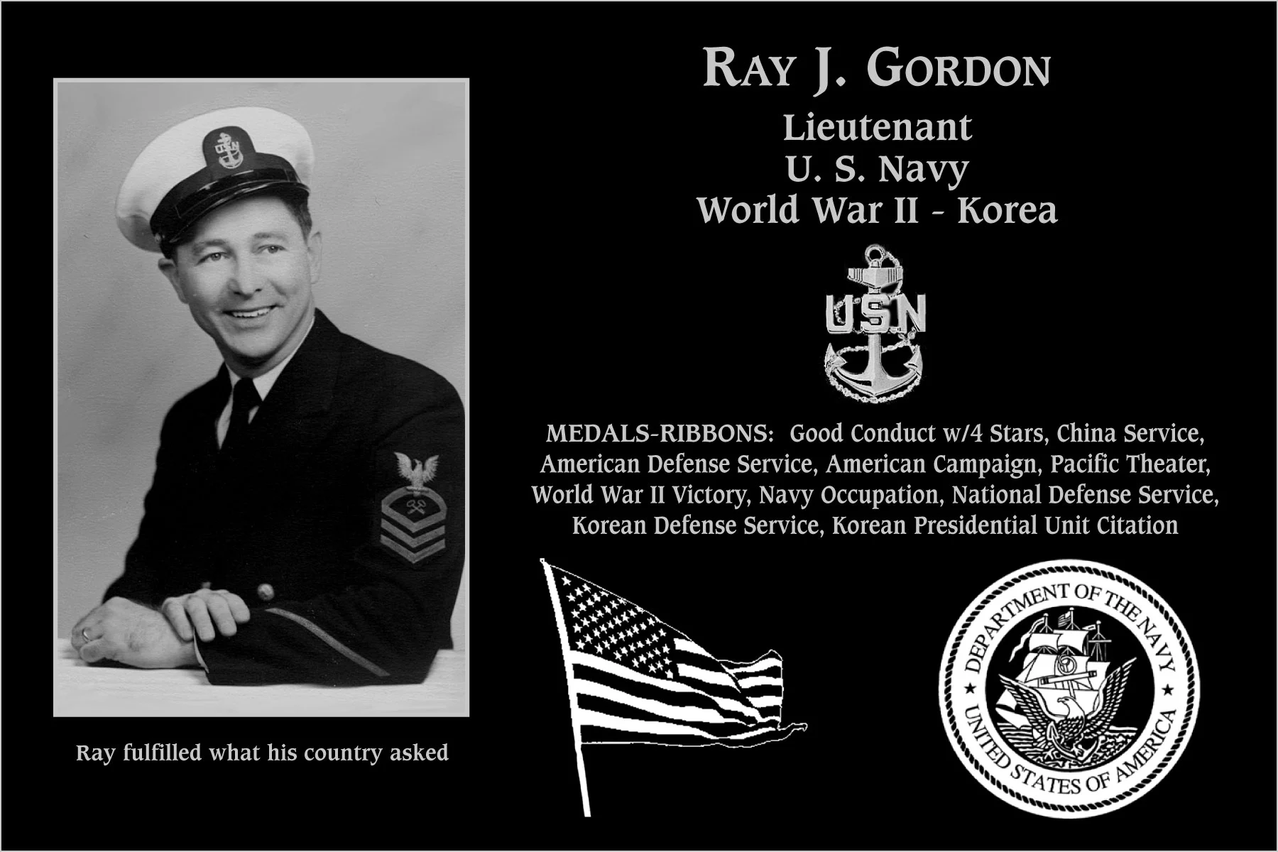 Lieutenant Ray J Gordon | Mt. Soledad Virtual Plaque