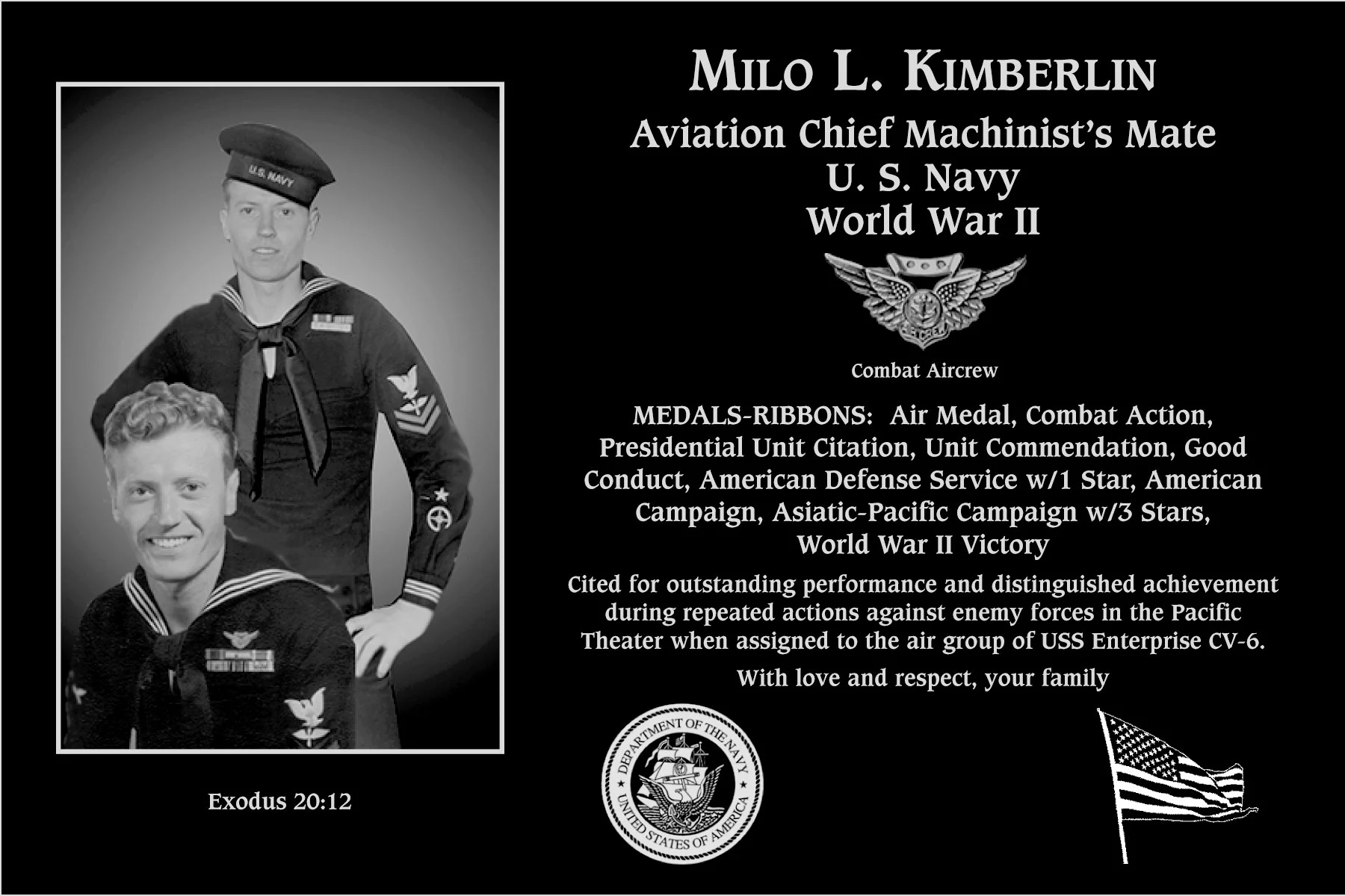 Chief Petty Officer Milo L Kimberlin | Mt. Soledad Virtual Plaque
