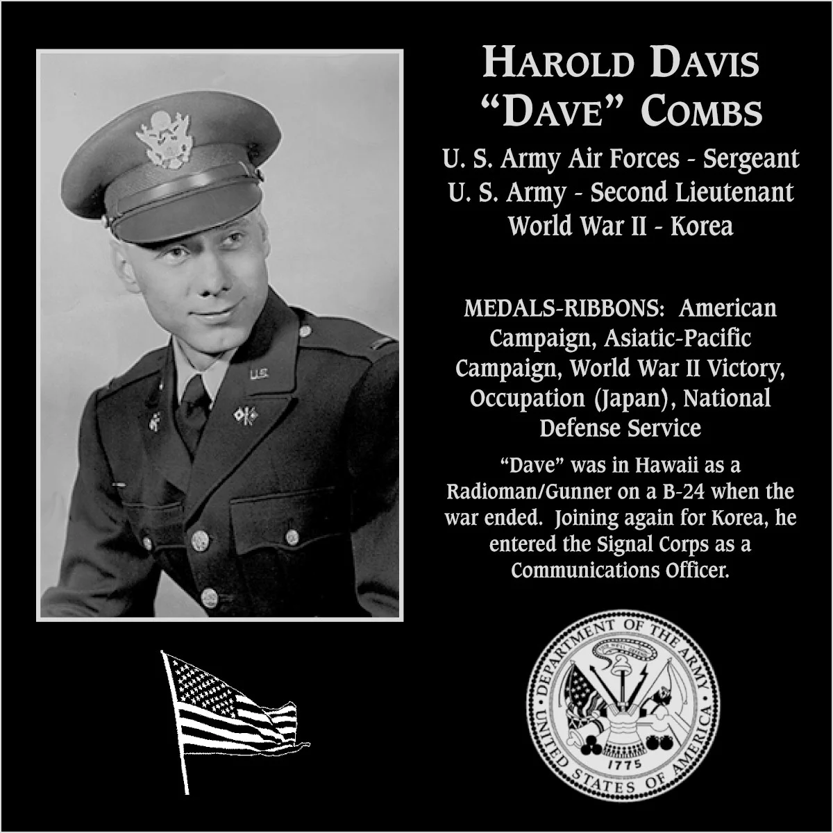Second Lieutenant Harold Davis Combs | Mt. Soledad Virtual Plaque
