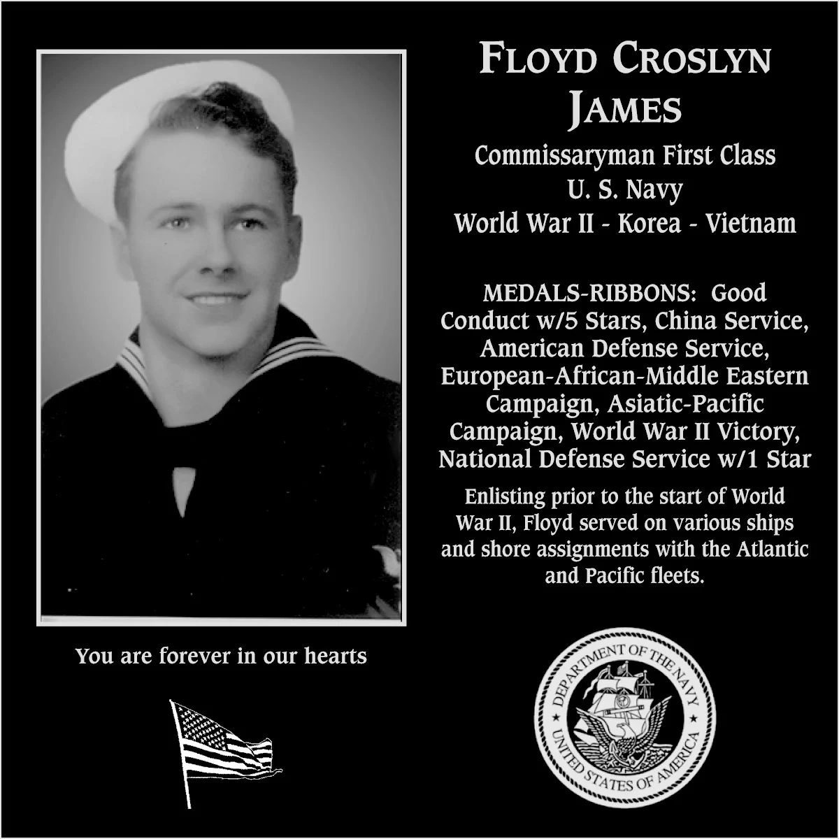 Petty Officer First Class Floyd Croslyn James | Mt. Soledad Virtual Plaque