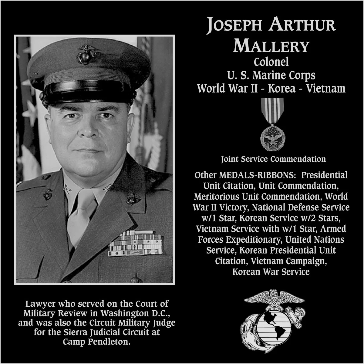 Colonel Joseph Arthur Mallery | Mt. Soledad Virtual Plaque