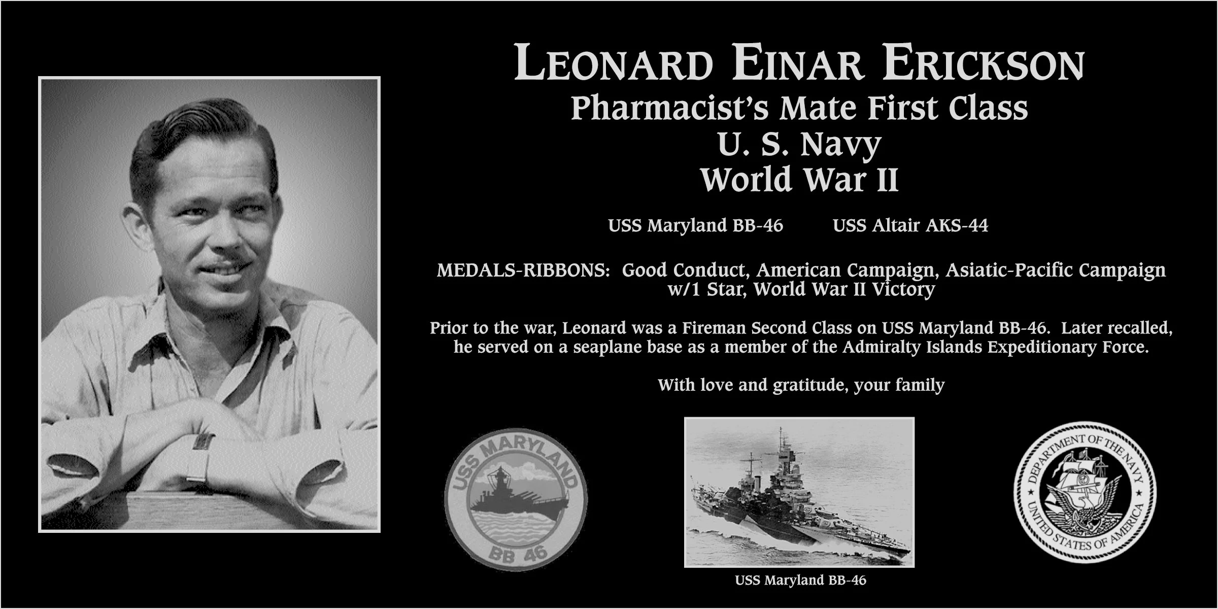 Petty Officer First Class Leonard Einar Erickson | Mt. Soledad Virtual ...