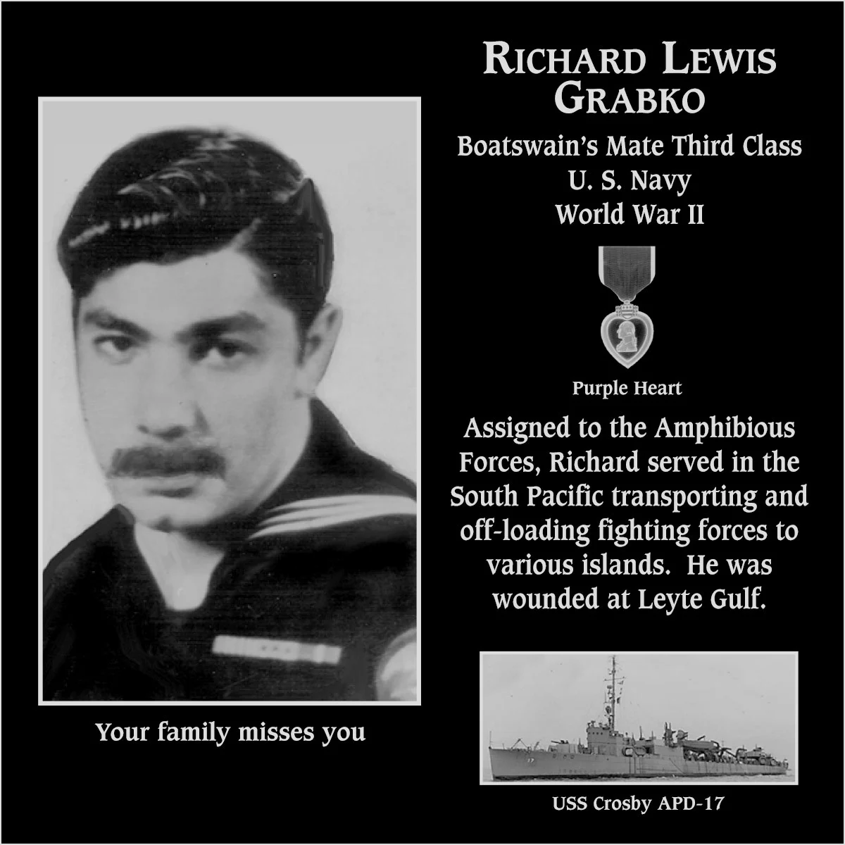 Petty Officer Third Class Richard Lewis Grabko | Mt. Soledad Virtual Plaque