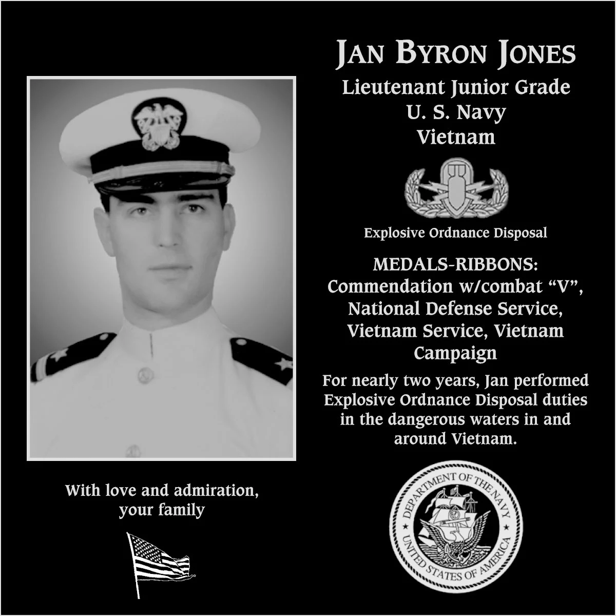 Lieutenant, Junior Grade Jan Byron Jones | Mt. Soledad Virtual Plaque