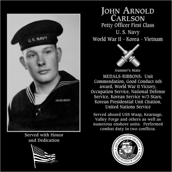 Petty Officer First Class John Arnold Carlson | Mt. Soledad Virtual Plaque