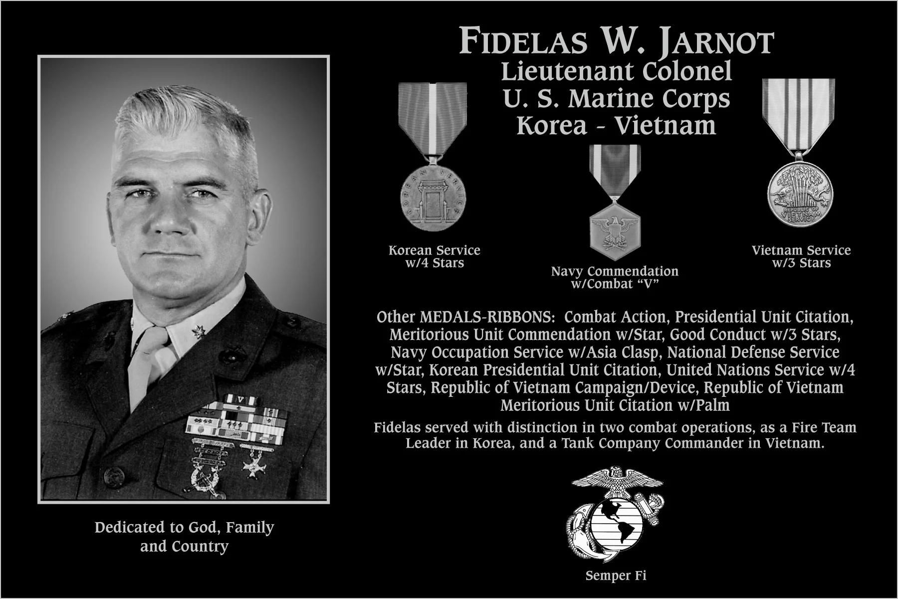 Lieutenant Colonel Fidelas W Jarnot | Mt. Soledad Virtual Plaque