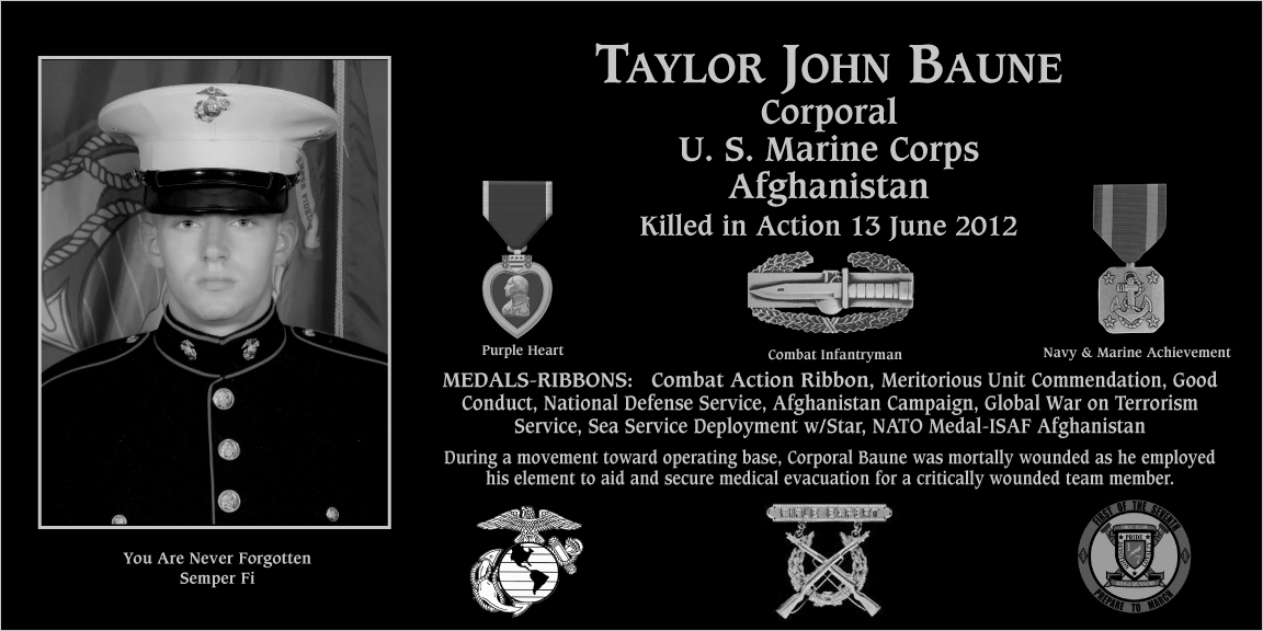 Corporal Taylor John Baune | Mt. Soledad Virtual Plaque