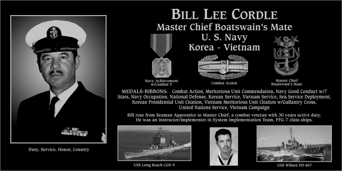 Master Chief Petty Officer Bill Lee Cordle | Mt. Soledad Virtual Plaque