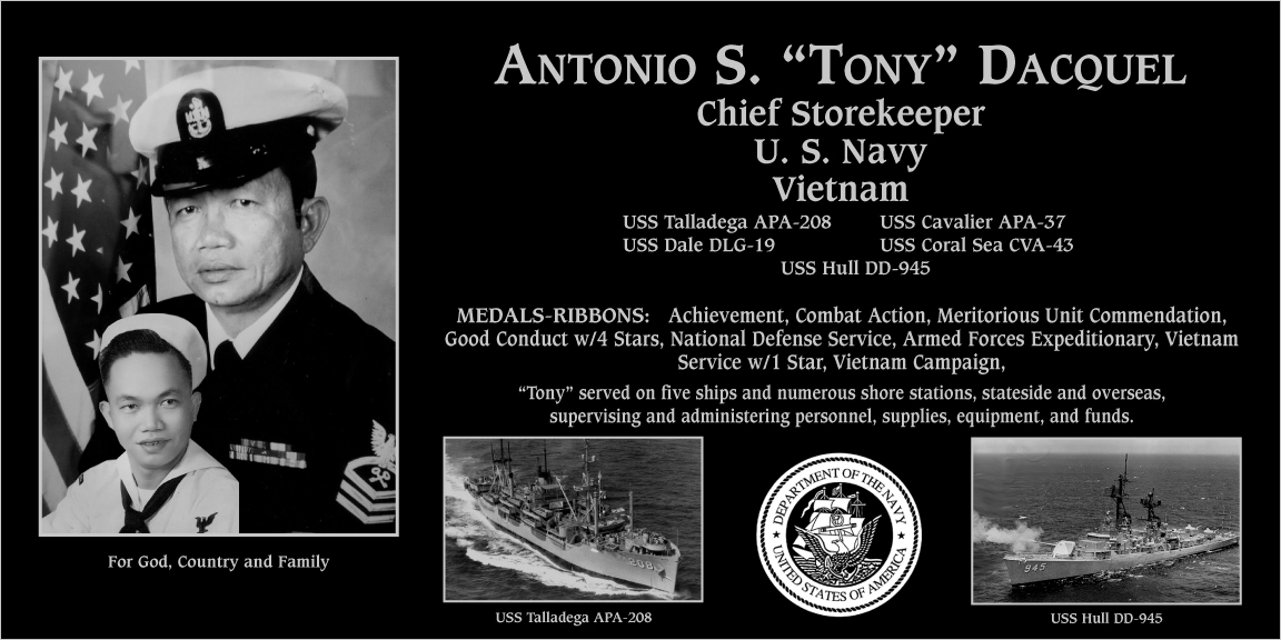 Chief Petty Officer Antonio S Dacquel | Mt. Soledad Virtual Plaque