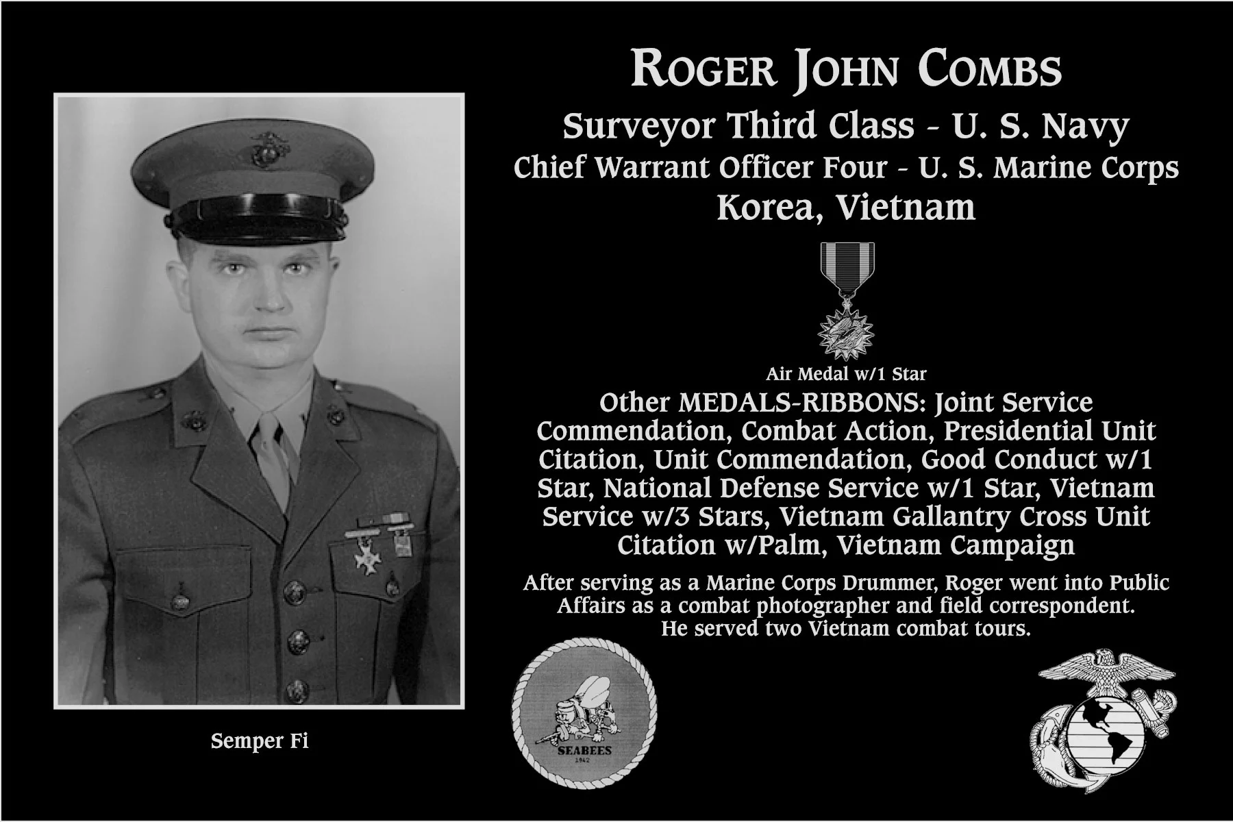 Chief Warrant Officer 4 Roger John Combs | Mt. Soledad Virtual Plaque