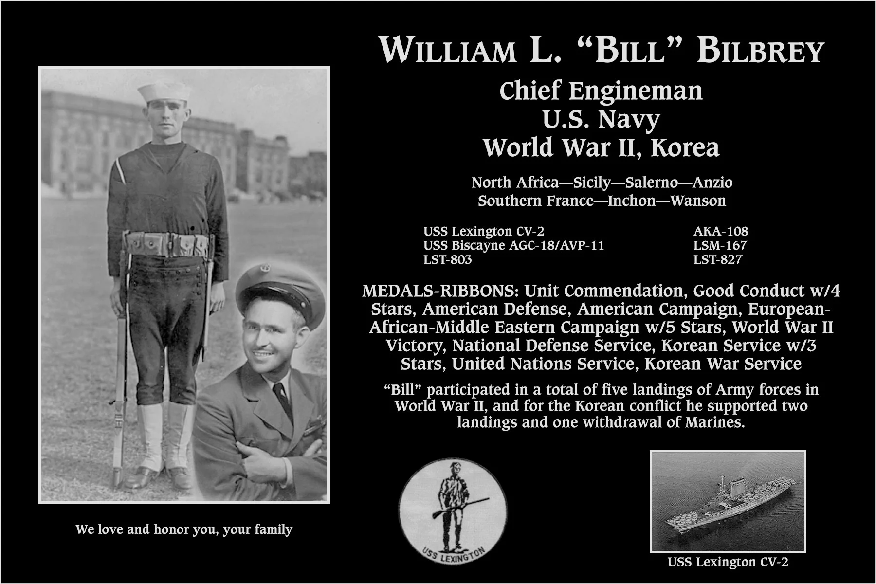 Chief Petty Officer William L Bilbrey | Mt. Soledad Virtual Plaque