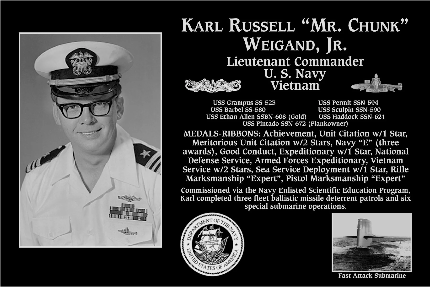 Lieutenant Commander Karl Russell "Mr. Chunk" Weigand, Jr. | Mt ...