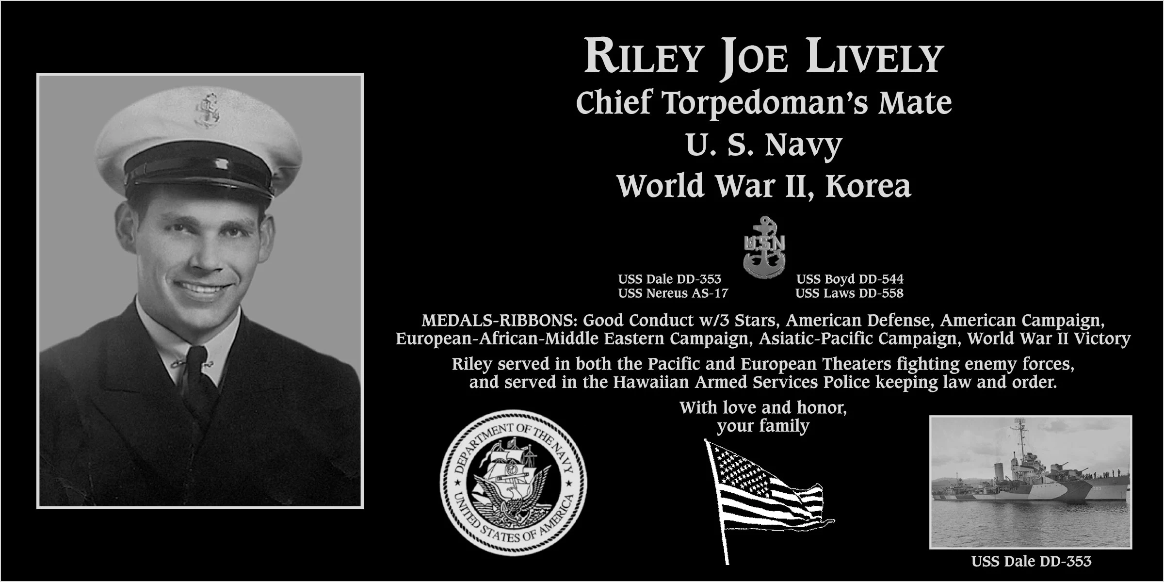Chief Petty Officer Riley Joe Lively | Mt. Soledad Virtual Plaque
