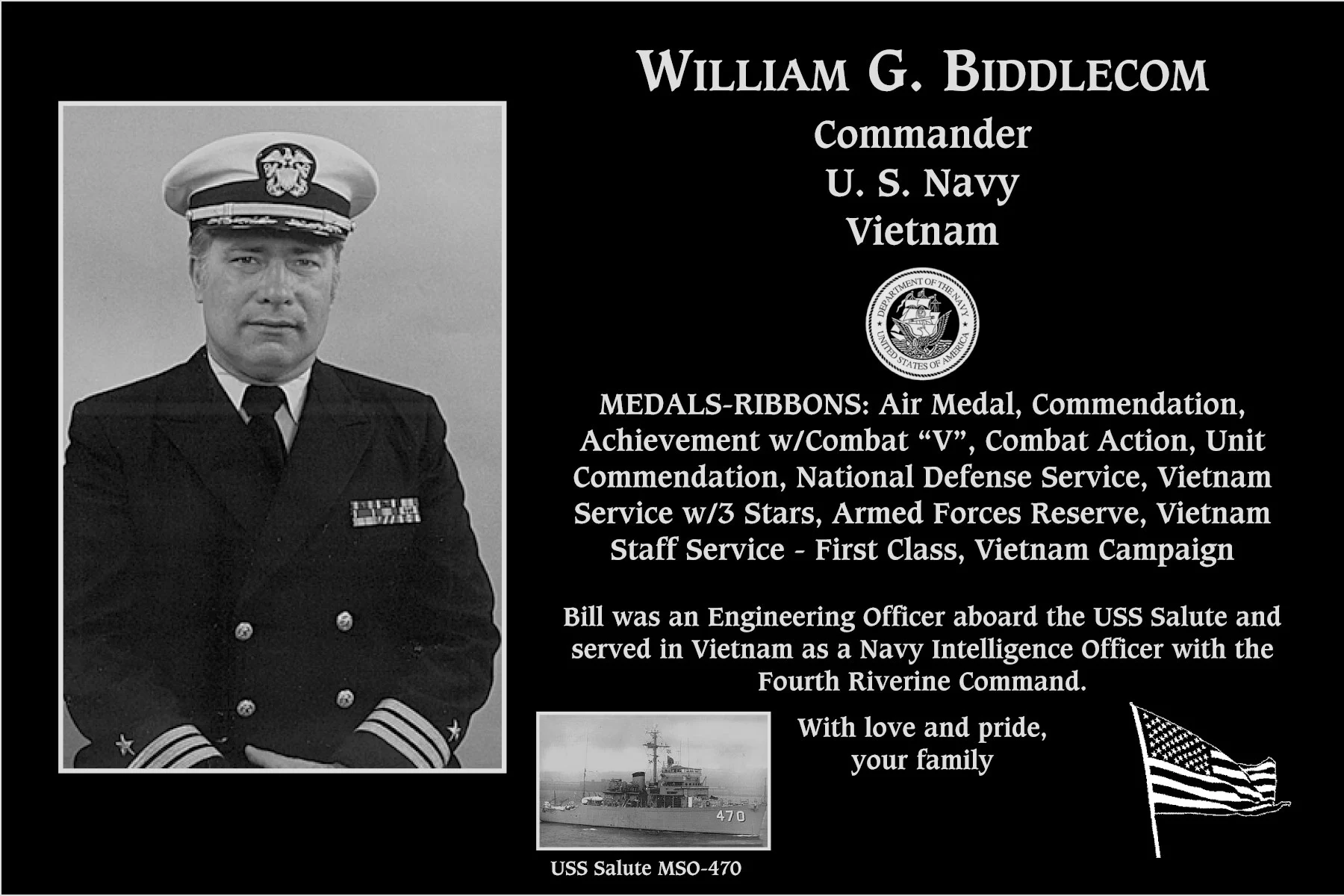 Commander William G Biddlecom | Mt. Soledad Virtual Plaque