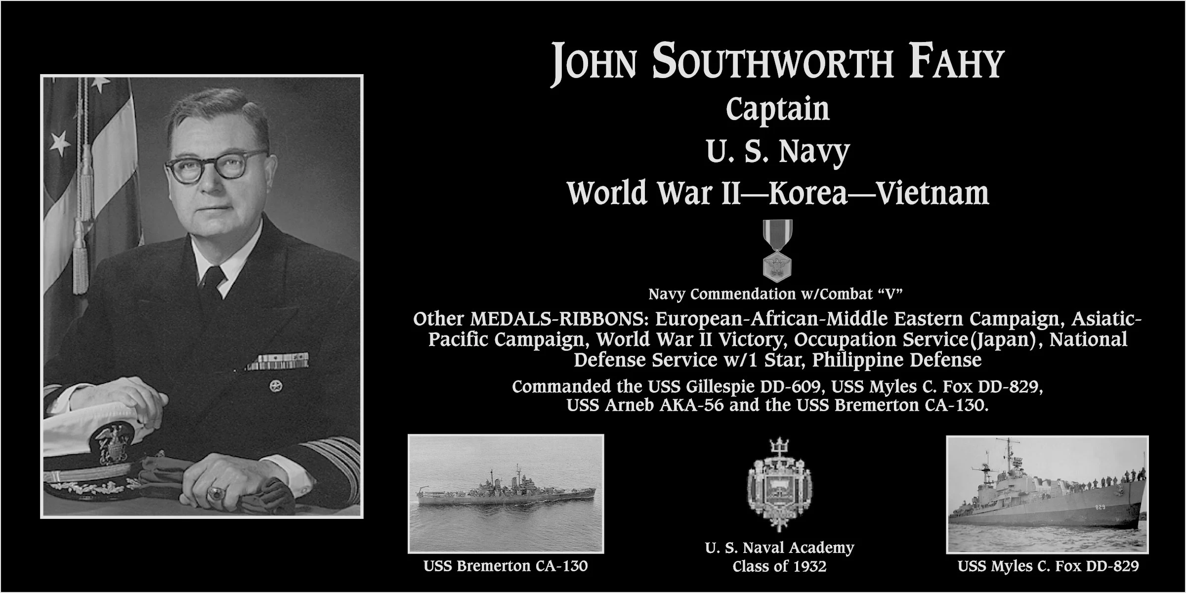 Captain John Southworth Fahy | Mt. Soledad Virtual Plaque