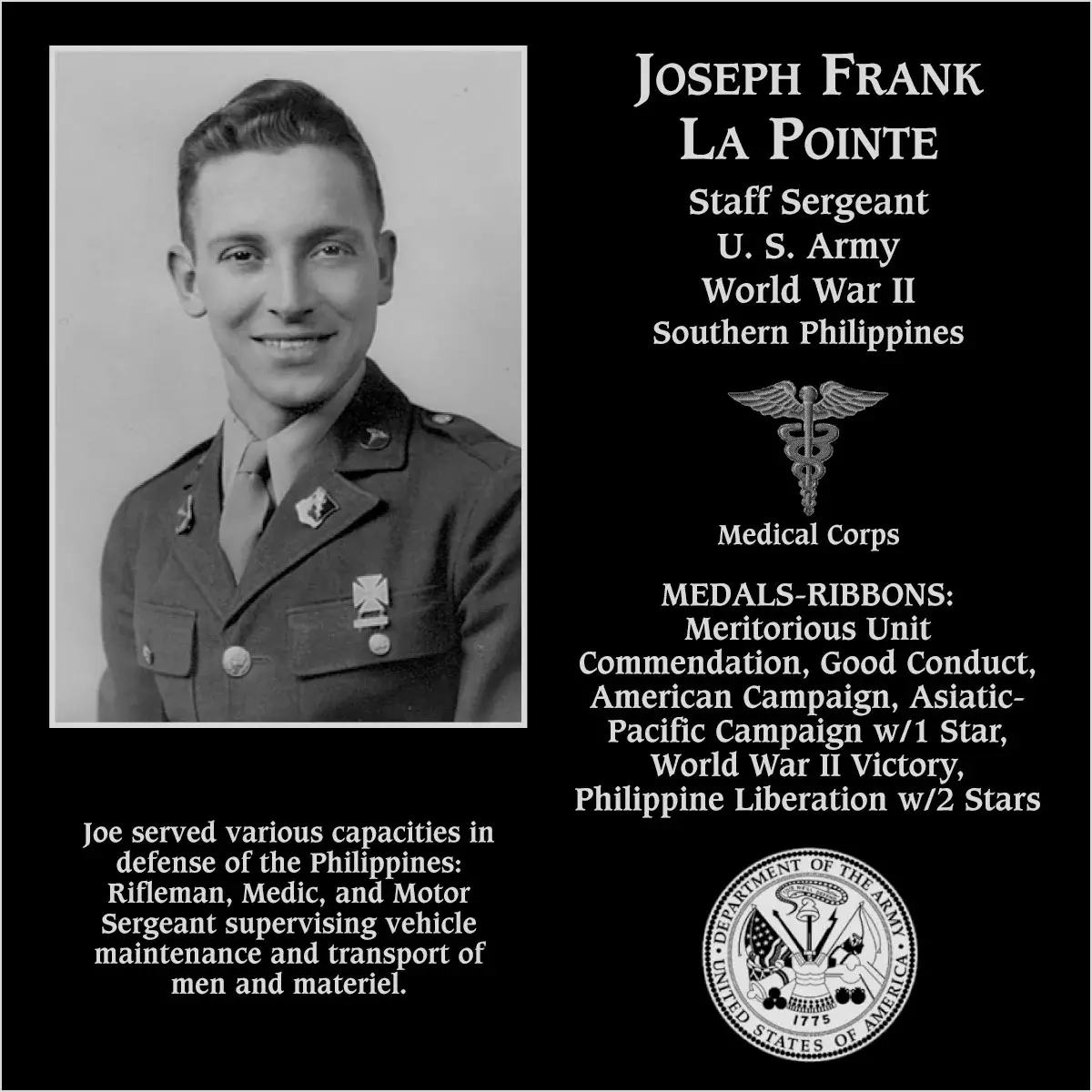Staff Sergeant Joseph Frank La Pointe | Mt. Soledad Virtual Plaque