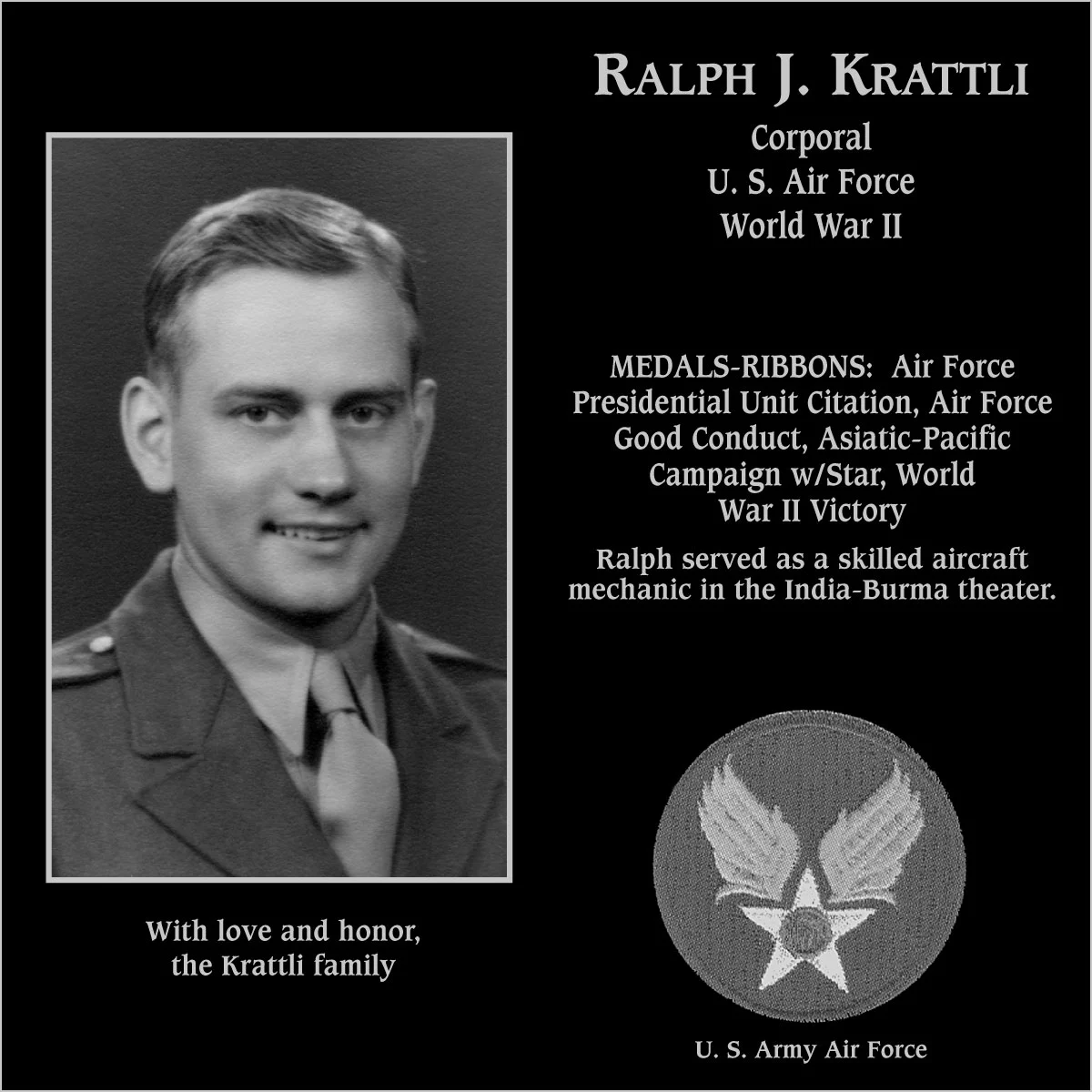 Corporal Ralph J Krattli | Mt. Soledad Virtual Plaque