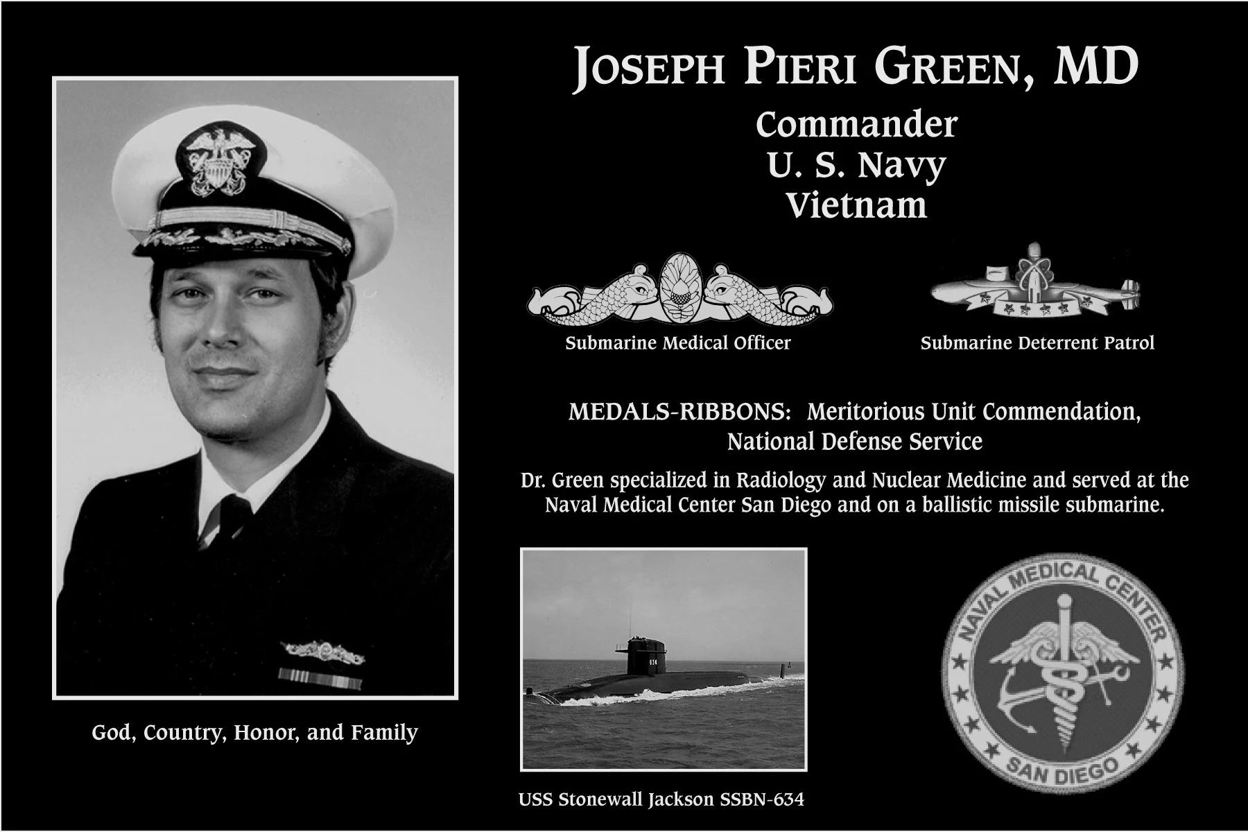 Commander Joseph Pieri Green | Mt. Soledad Virtual Plaque