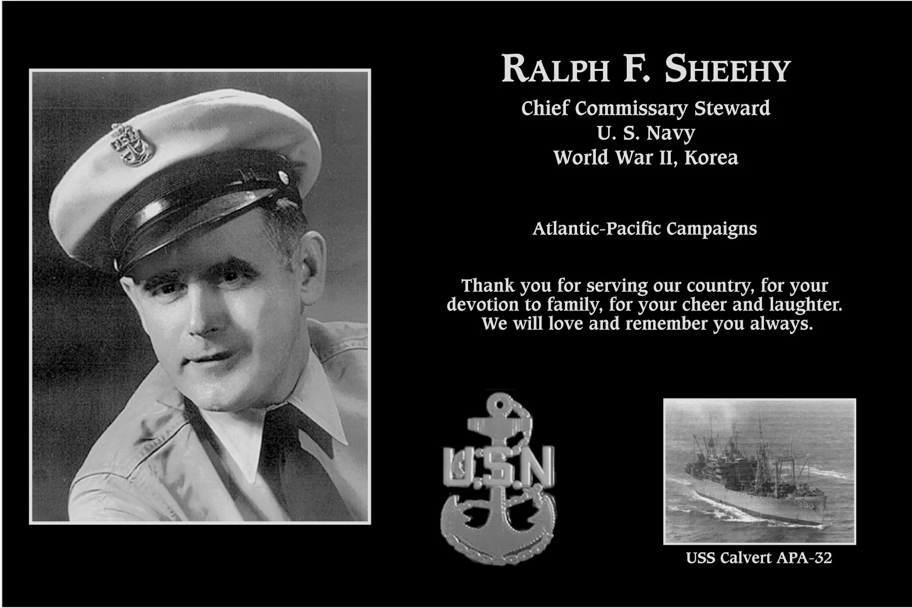 Chief Petty Officer Ralph F Sheehy | Mt. Soledad Virtual Plaque