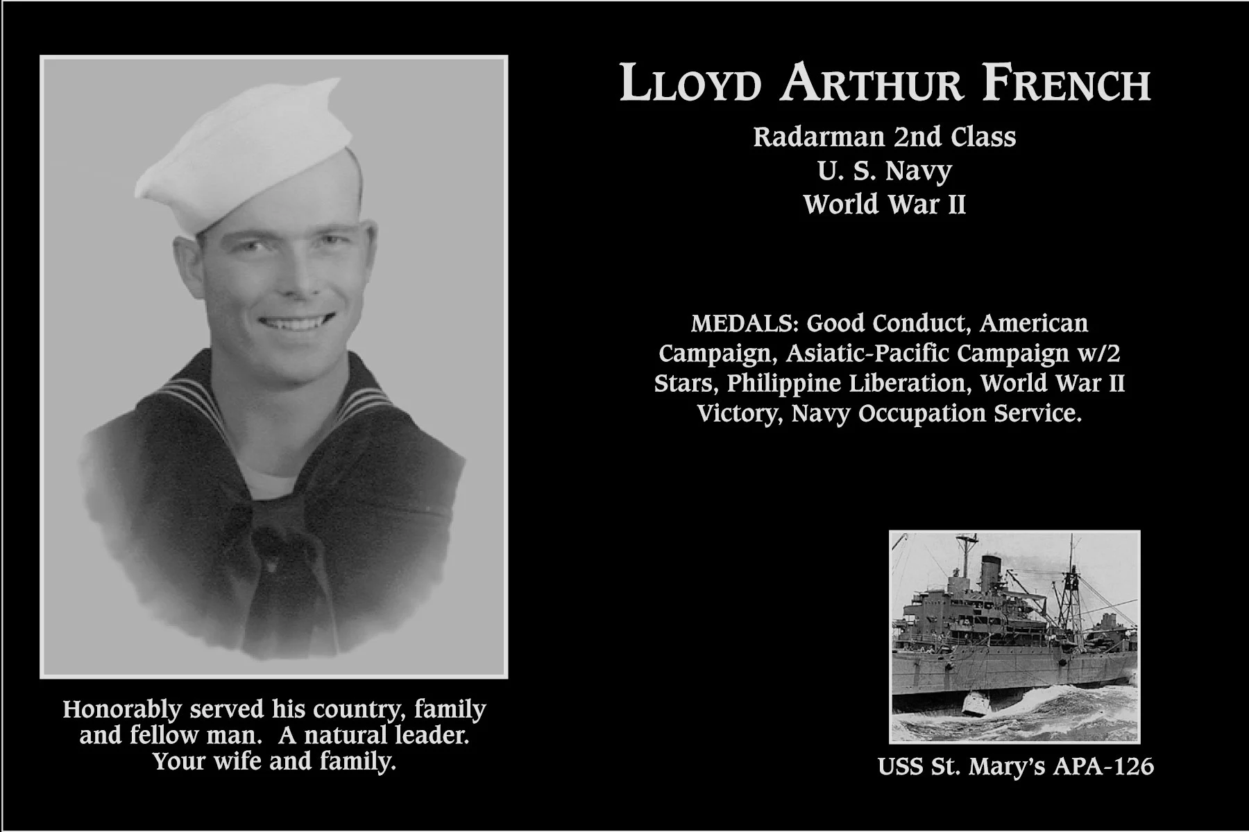 Petty Officer Second Class Lloyd Arthur French | Mt. Soledad Virtual Plaque