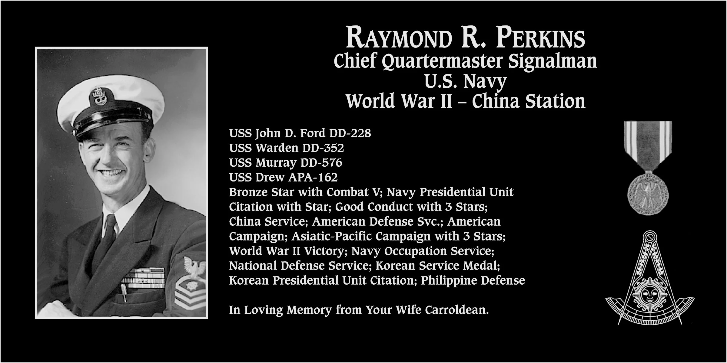Chief Petty Officer Raymond R Perkins | Mt. Soledad Virtual Plaque